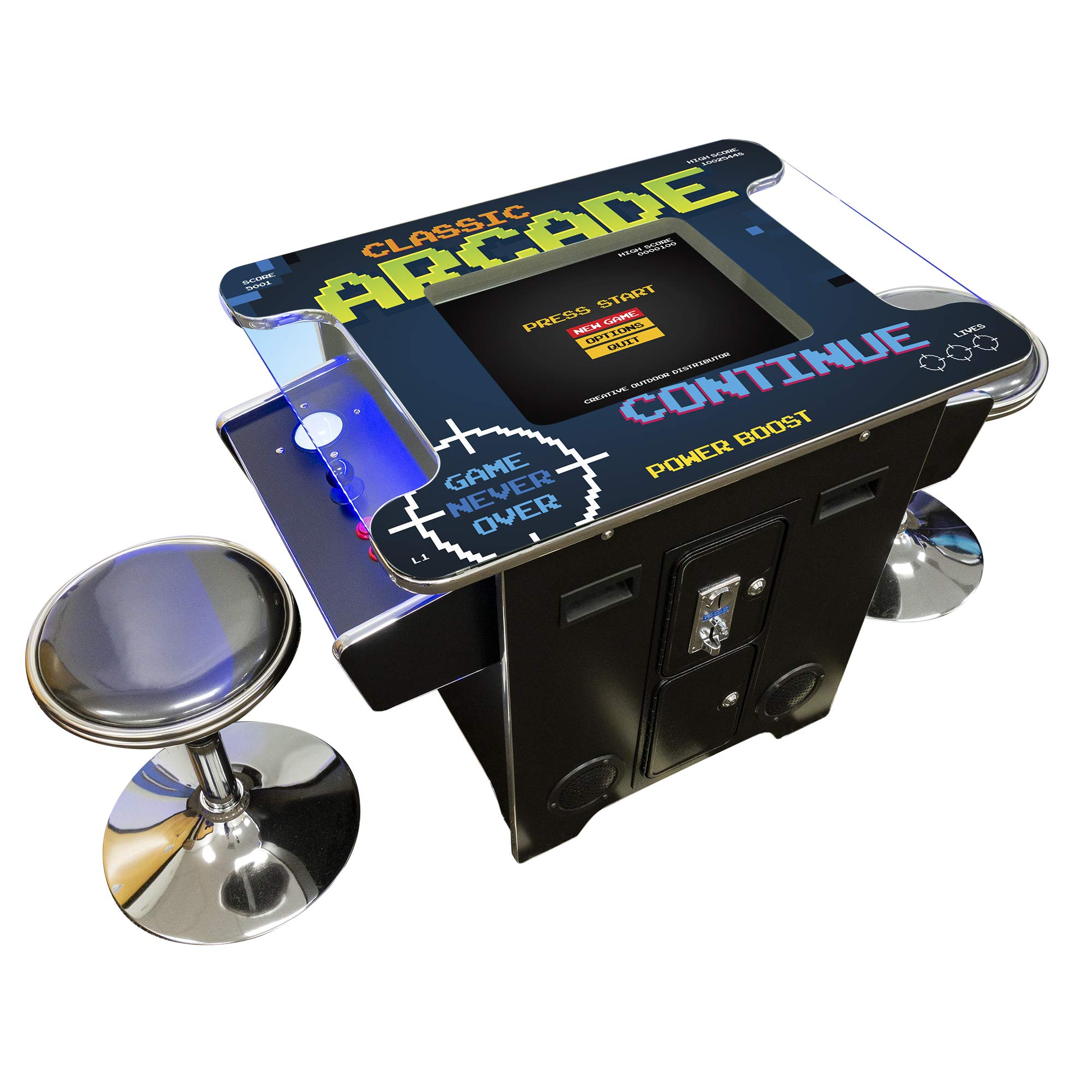 Creative Arcades Full Size Commercial Grade Cocktail Arcade Machine | 2 Player | 412 Games | 22" LCD Screen | Square Glass Top | 2 Sanwa Joysticks | Trackball | 2 Stools Included | 3 Year Warranty