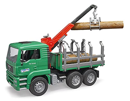 Bruder Toys - Forestry MAN Timber Truck with Fully Functioning Loading Crane, Tilting Loading Bed, and 3 Loadable Trunks - Ages 4+