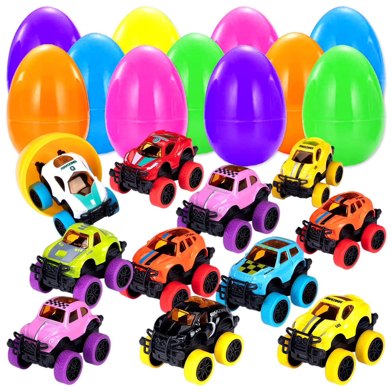 Lumiparty 12PACK Easter Eggs Prefilled with Alloy Pull Back Cars , Pullback Monster Vehicles Toys for Easter Party Favors, Easter Basket Stuffers, Easter Egg Fillers, Easter Eggs Hunt.