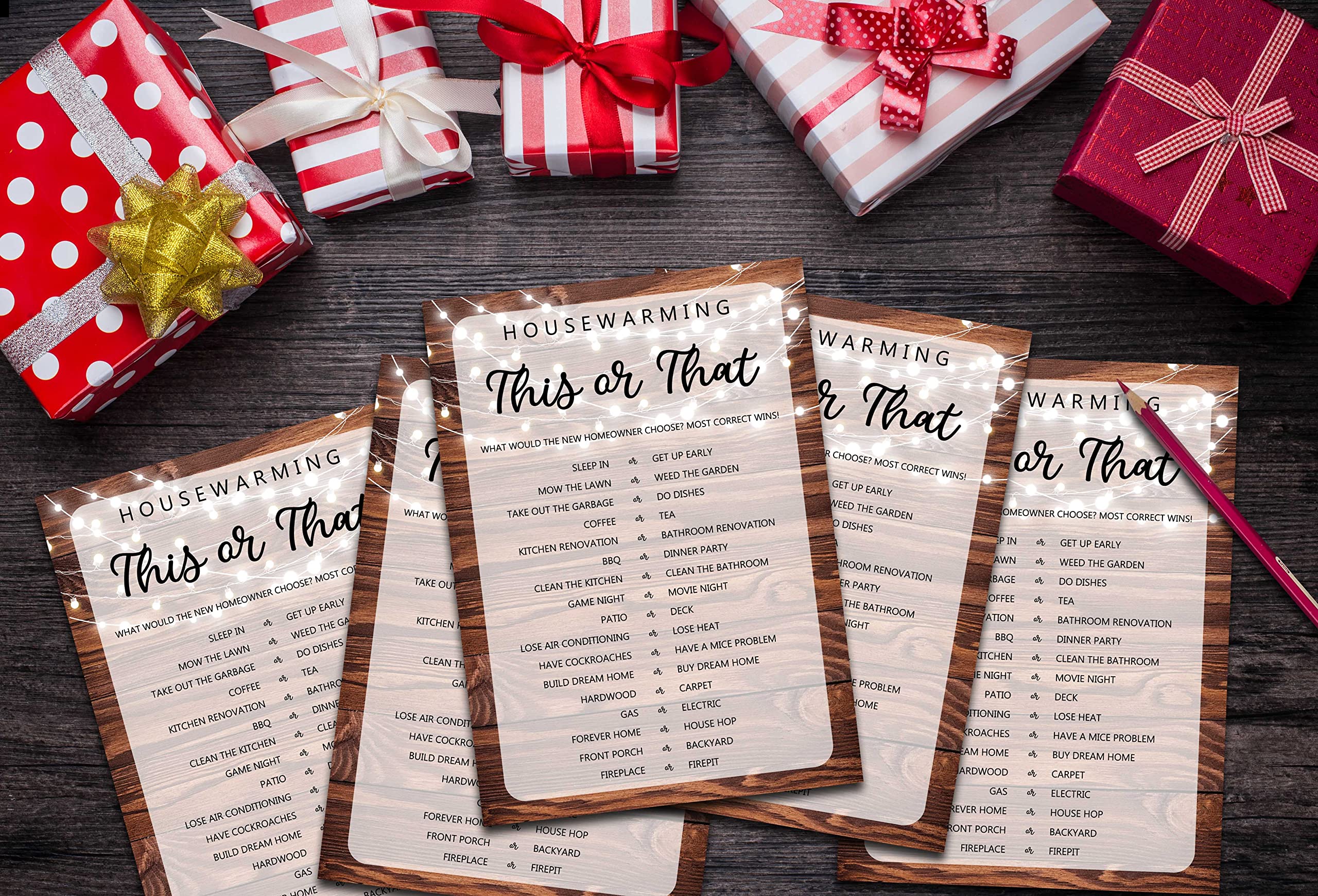 Housewarming Party Games, This or That, Rustic New Home, New House, New Homeowner Party Games Cards, 30 Sheets Each Pack