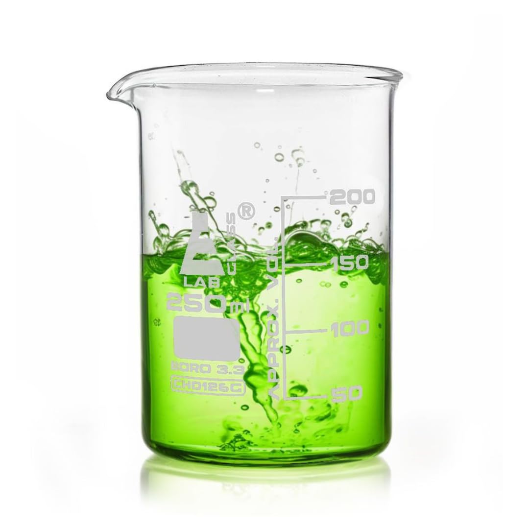 EISCO Beaker, 250ml - Low Form with Spout - White, 50ml Graduations - Borosilicate 3.3 Glass