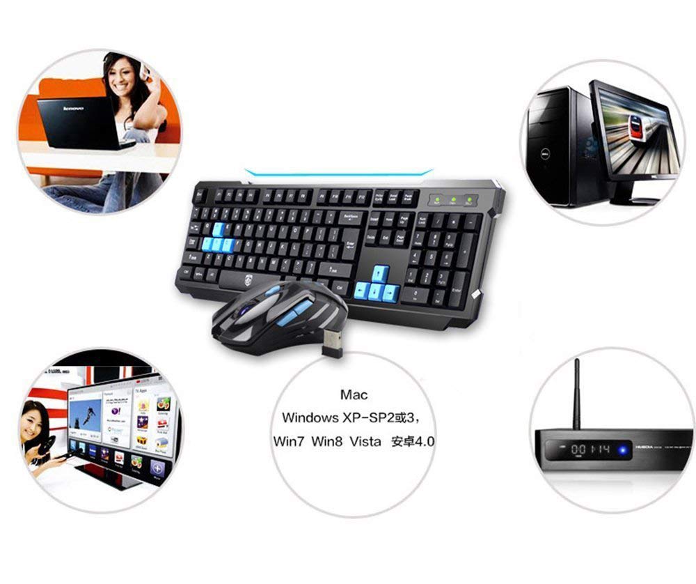 Keyboard Mouse Combos,Soke-Six Waterproof Multimedia 2.4GHz Wireless Gaming Keyboard with USB Cordless Ergonomic Mouse DPI Control For Desktop PC Laptop(Black)
