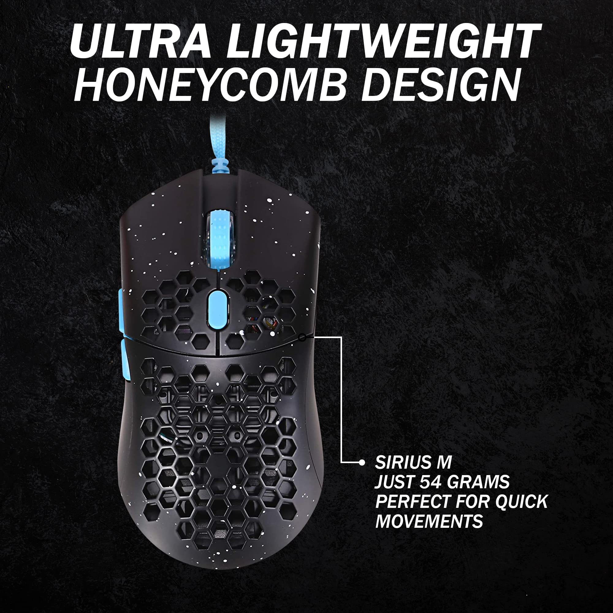 HK Gaming Sirius M Ultra Lightweight Honeycomb Shell Gaming Mouse | 54 Grams | 16000 cpi | USB Wired | 6 programmable Buttons | On-Board Memory | Anti Slip Grips | Sirius-M 16000cpi Phantom