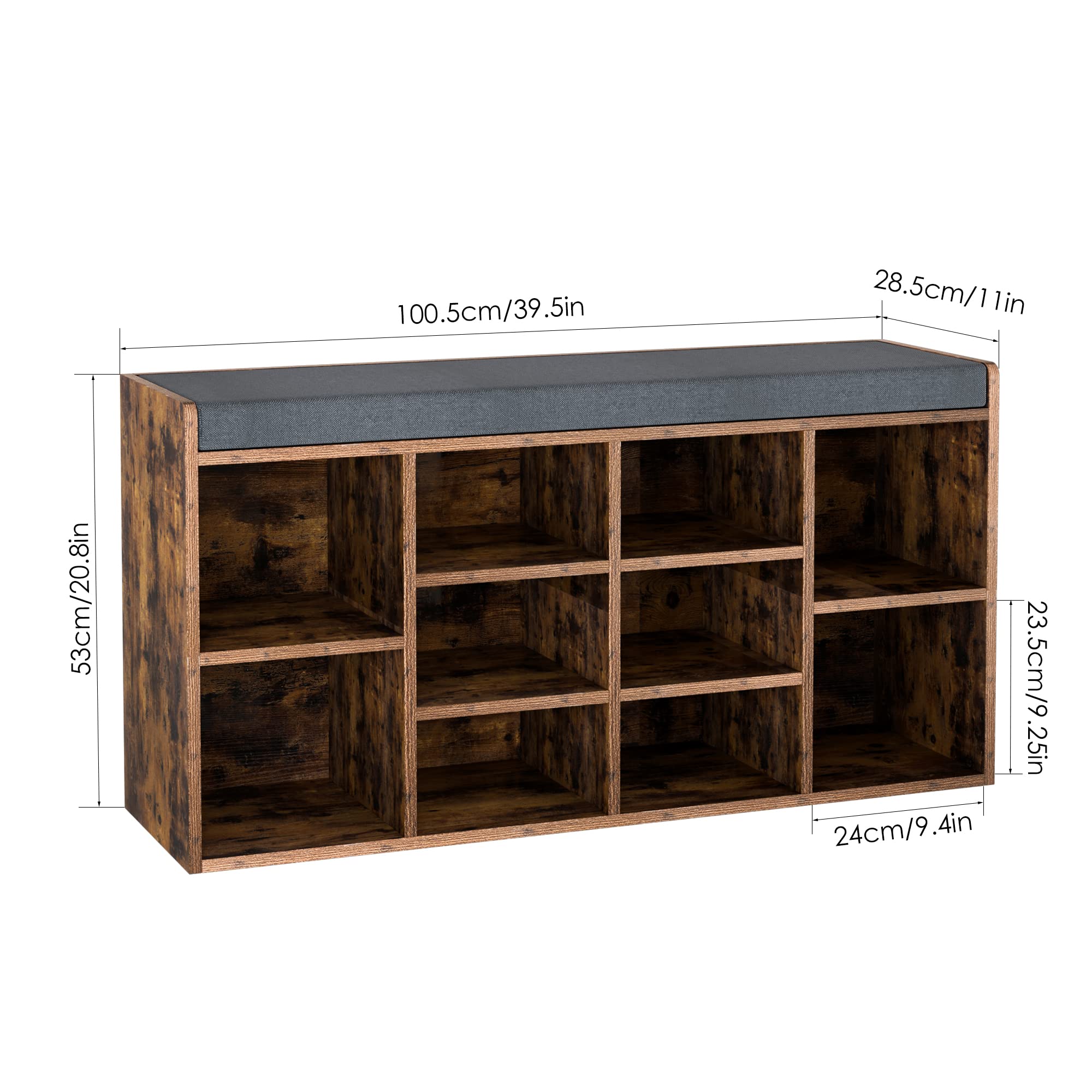 vinform Shoe Cabinet Storage Bench with Cushion, 10-Cube Shoe Storage Bench for entryway, Holds up to 220lbs, Rustic Brown