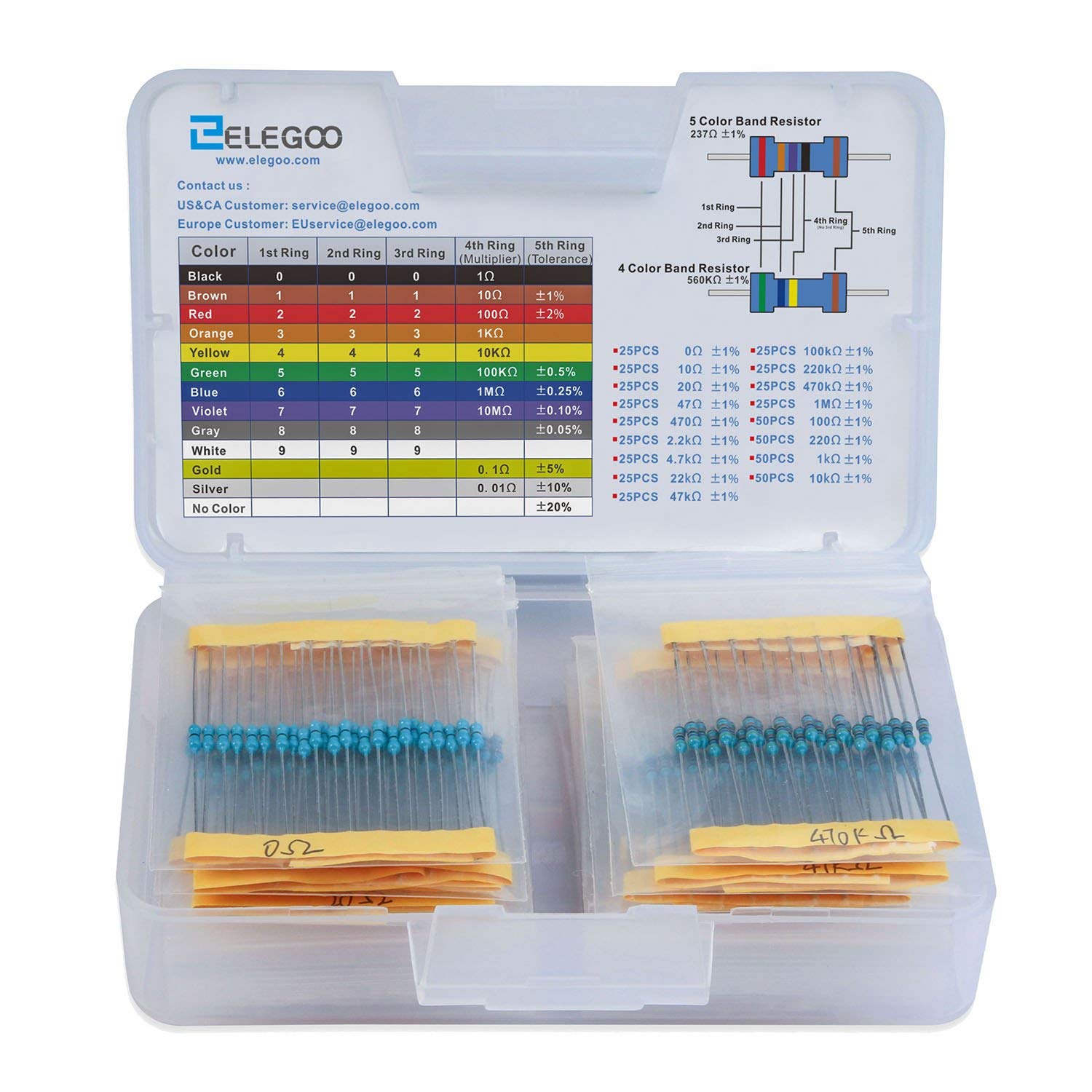 ELEGOO 17 Values 1% Resistor Kit Assortment, 0 Ohm-1M Ohm (Pack of 525) RoHS Compliant for Electronic Projects