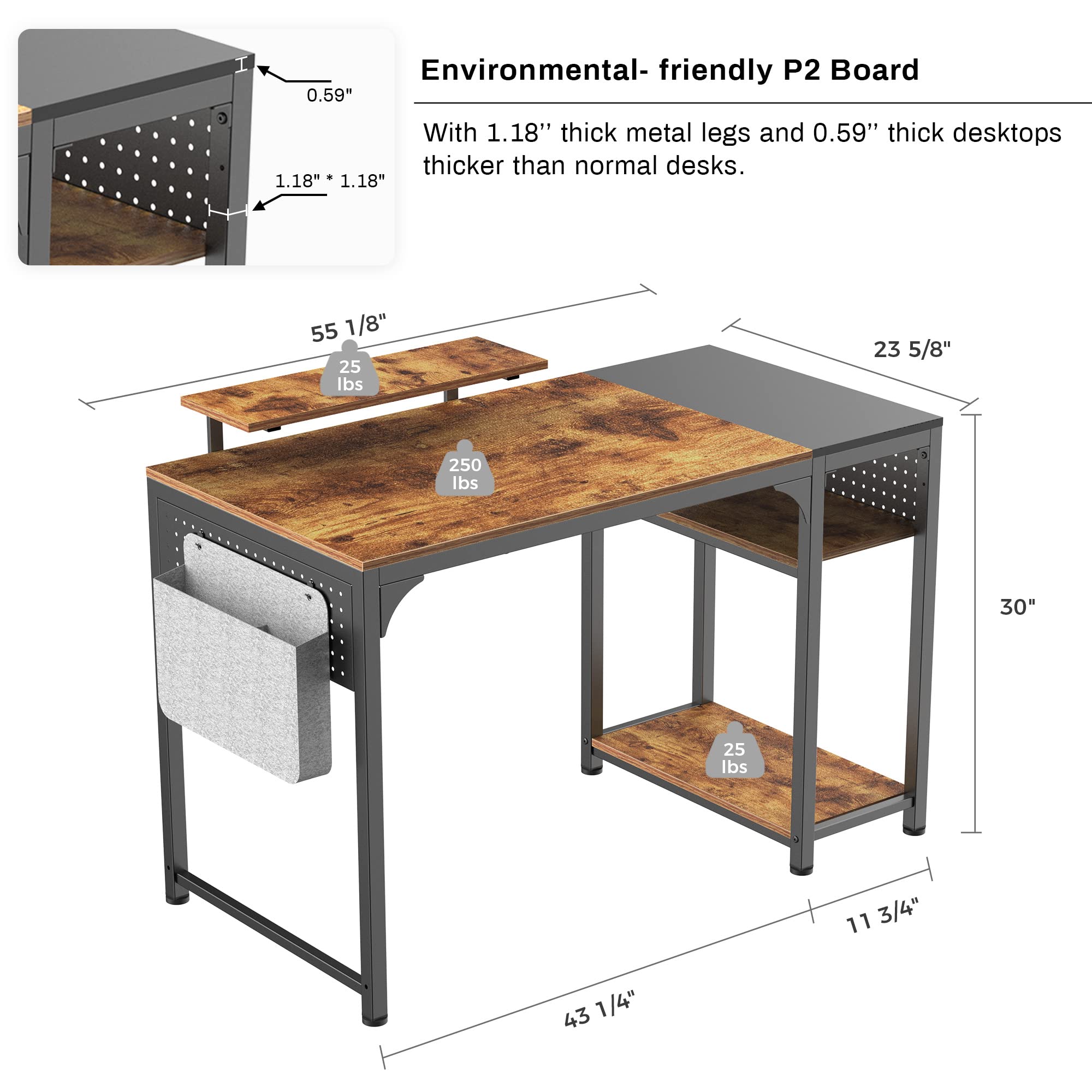 DESIGNA 55 Inch Home Office Computer Desk with Monitor Stand Storage Shelves, Study Writing Moder PC Computer Gaming Desk Large Workstation with 2 Hooks & Storage Bag, Reclaimed Wood/Black