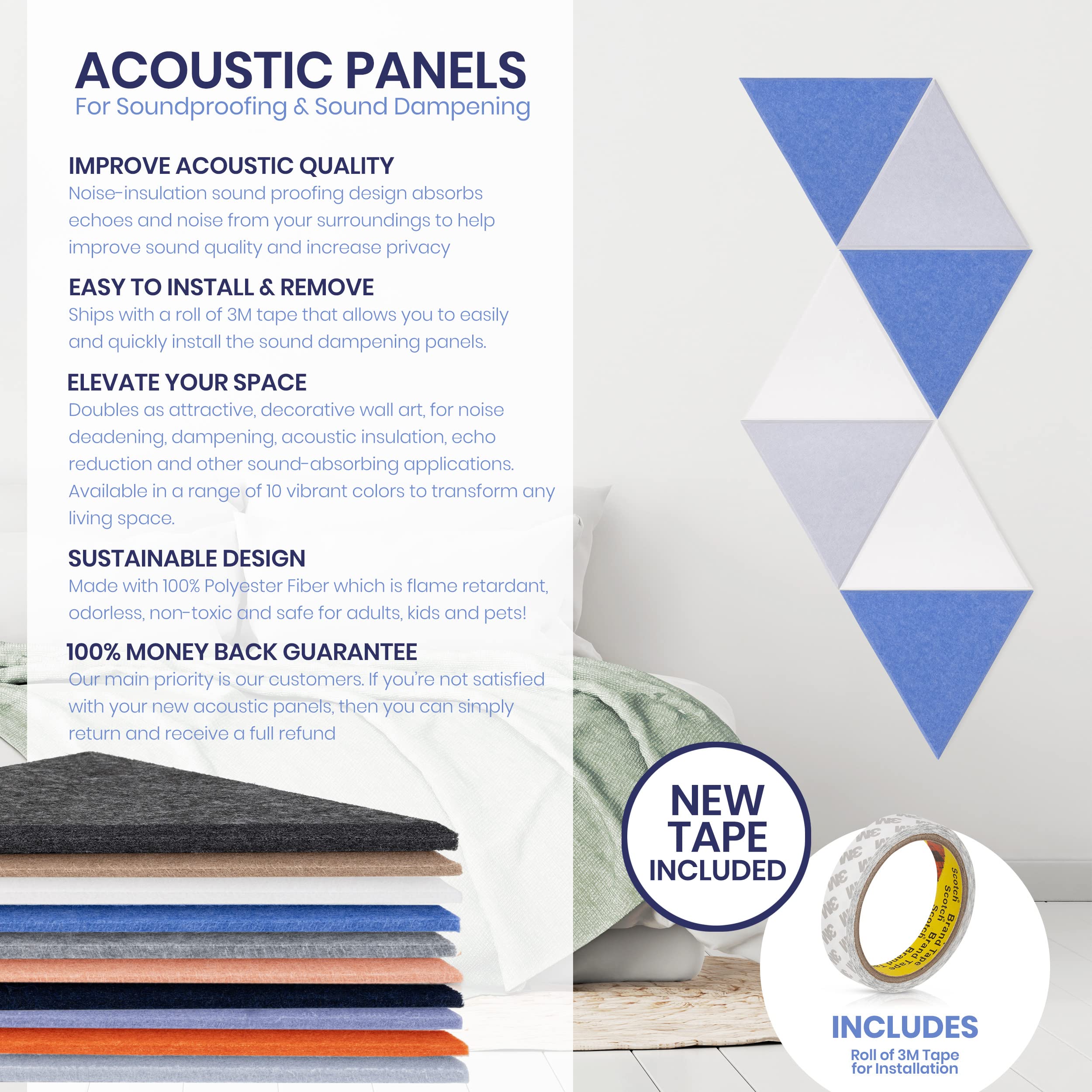 PHATWOLF 6 Pack Triangle Acoustic Panels for Soundproofing & Sound Dampening, High Density Decorative Sound Absorbing Panel for Wall, Home, Office & Studio Acoustic Treatment (Sky Blue)