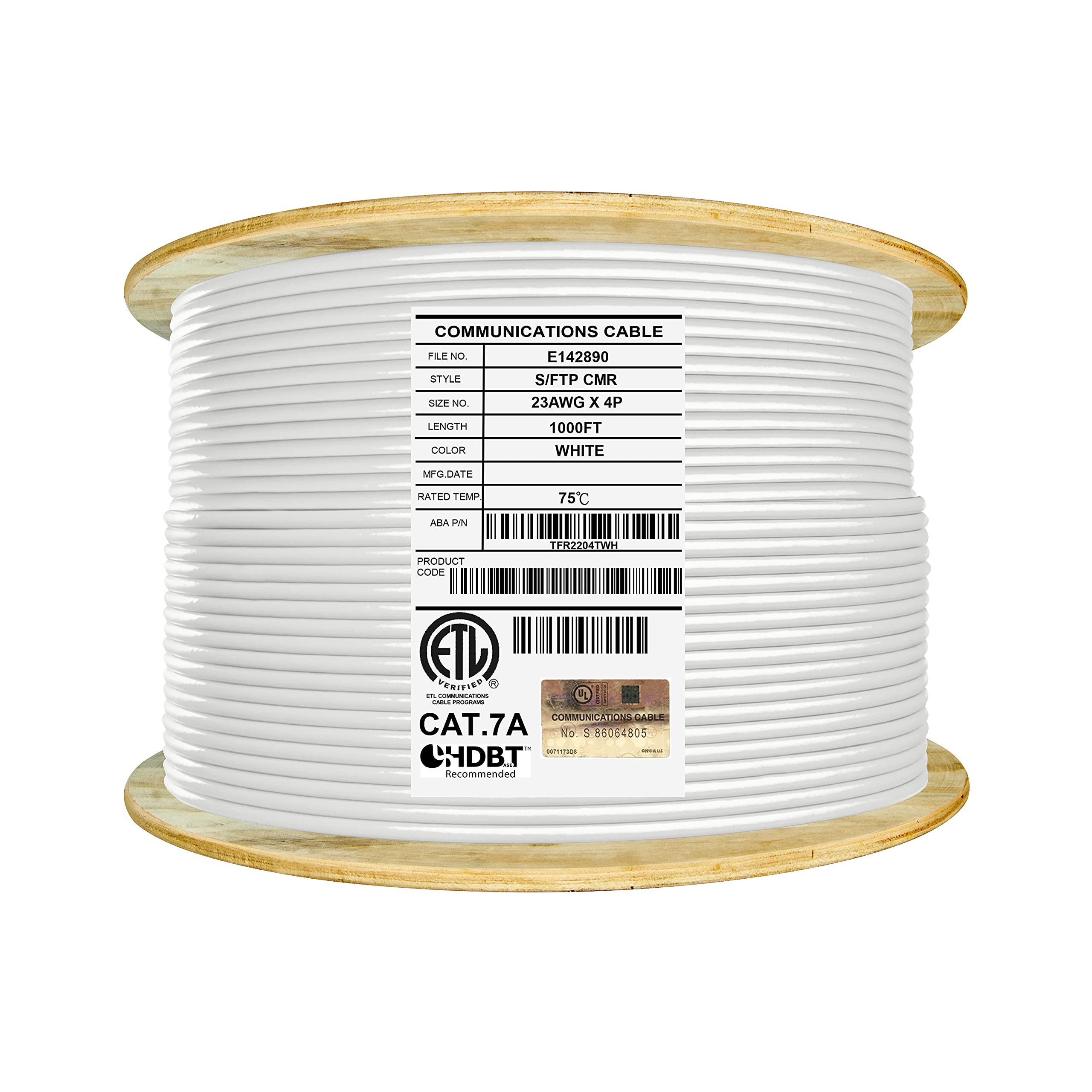 Elite CAT7A Shielded Riser (CMR), Ethernet Cable 1000ft Reel, Shielded Foil Twisted Pair (S/FTP) 23AWG, Solid Pure Bare Copper, 1000MHz, UL Certified, Easy Pull, Bulk Networking Cable - White