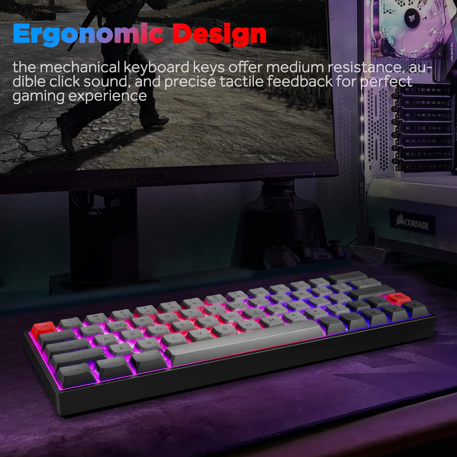 COSTOM SK64 60% Mechanical Gaming Keyboard, 61 Keys Multi Color RGB Illuminated LED Backlit Wired Programmable with PBT Heat Sublimation Keycaps for PC/Mac Gamer (Black, Gateron Optical Brown)