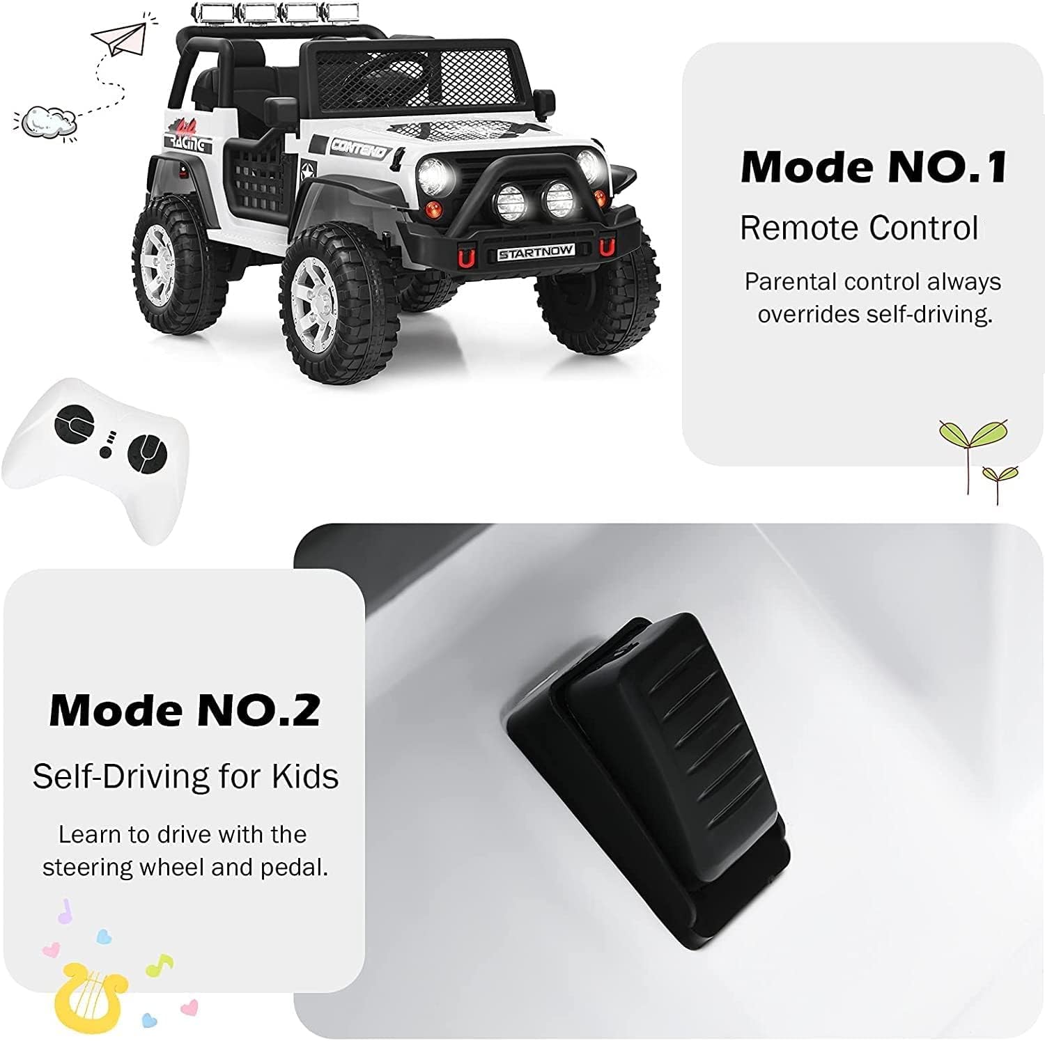 Costzon 2-Seater Ride on Truck, 12V Battery Powered Electric Vehicle w/Remote Control, 2 Speeds, Spring Suspension, LED Light, Horn, Music/ MP3, 2 Doors Open, Ride on Car for Kids (White)