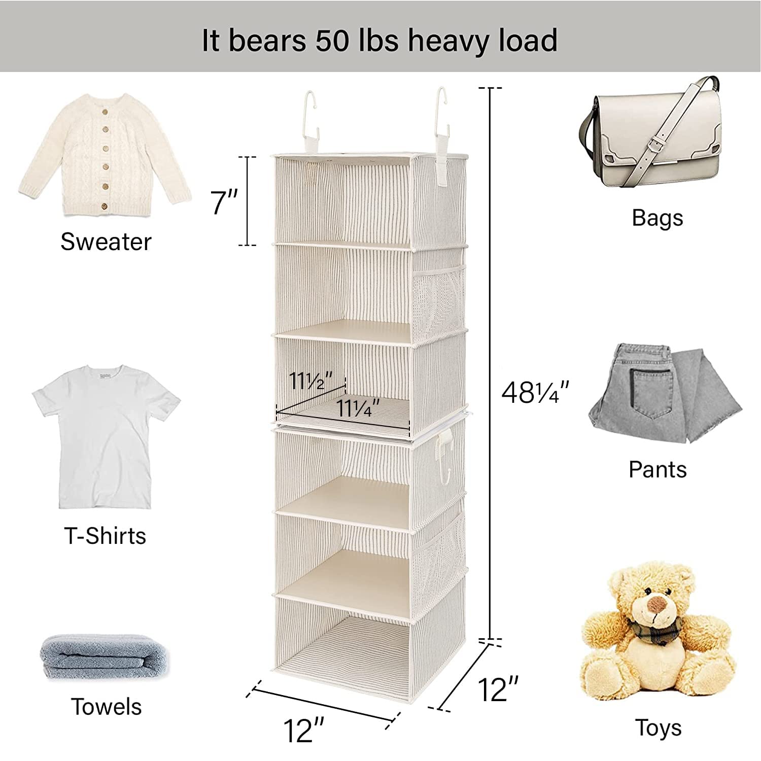 StorageWorks 6-Shelf Hanging Closet Organizers, Two 3-Shelf Separable Closet Hanging Shelves, 12" D x 12" W x 48 ¼"H, Gray and White Stripes