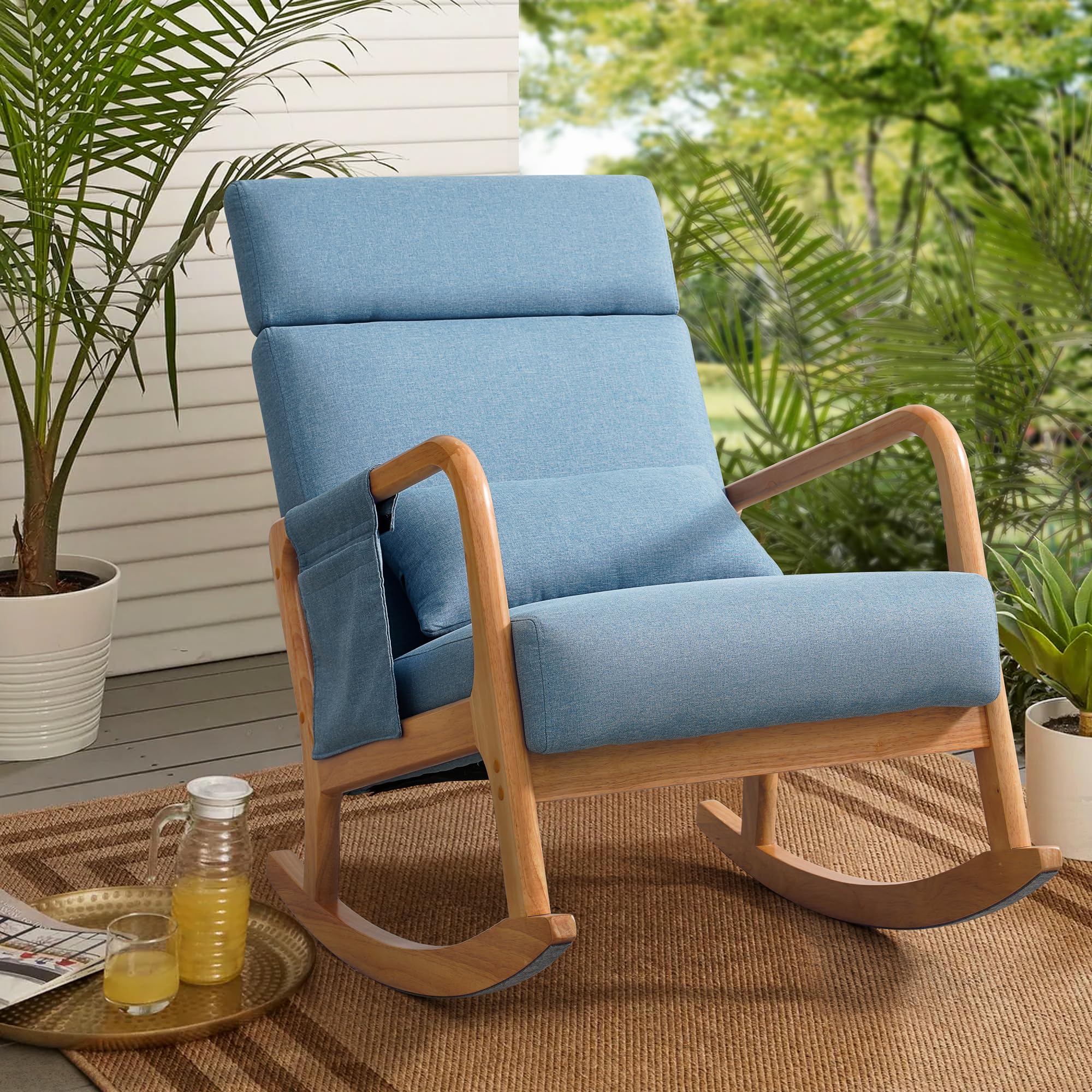 COOSLEEP Rocking Chair, Upholstered Glider Rocker with Adjustable Backrest, Solid Wood 350Lbs Support Rocking Chairs for Bedroom, Living Room (Blue)