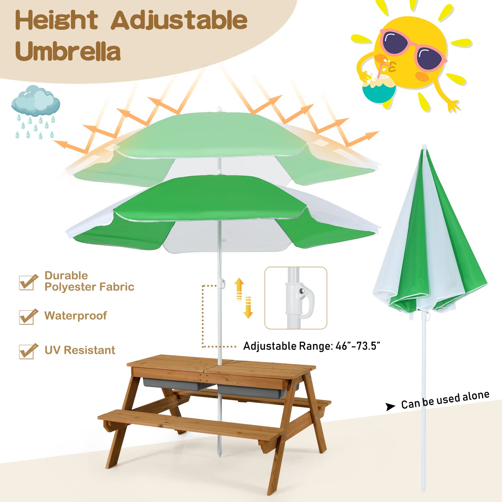Costzon Kids Picnic Table, 3 in 1 Sand & Water Table w/Height Adjustable Umbrella, Removable Tabletop, Children Outdoor Toy Playset w/2 Play Boxes, Wooden Convertible Activity Play Table