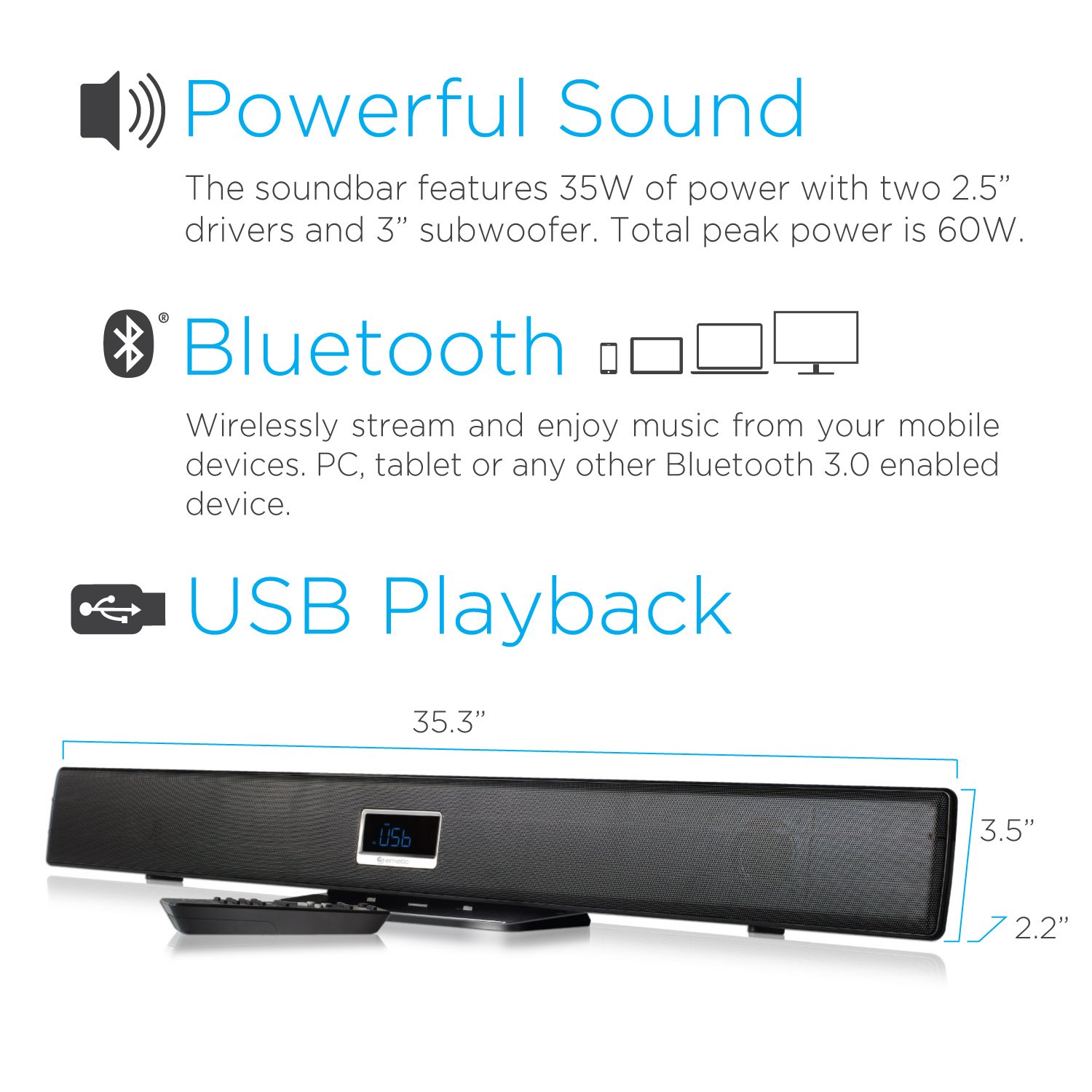 Ematic ESB210 Ultra-Slim 2.1 Channel Wireless Soundbar with Bluetooth and LED Display (Black)