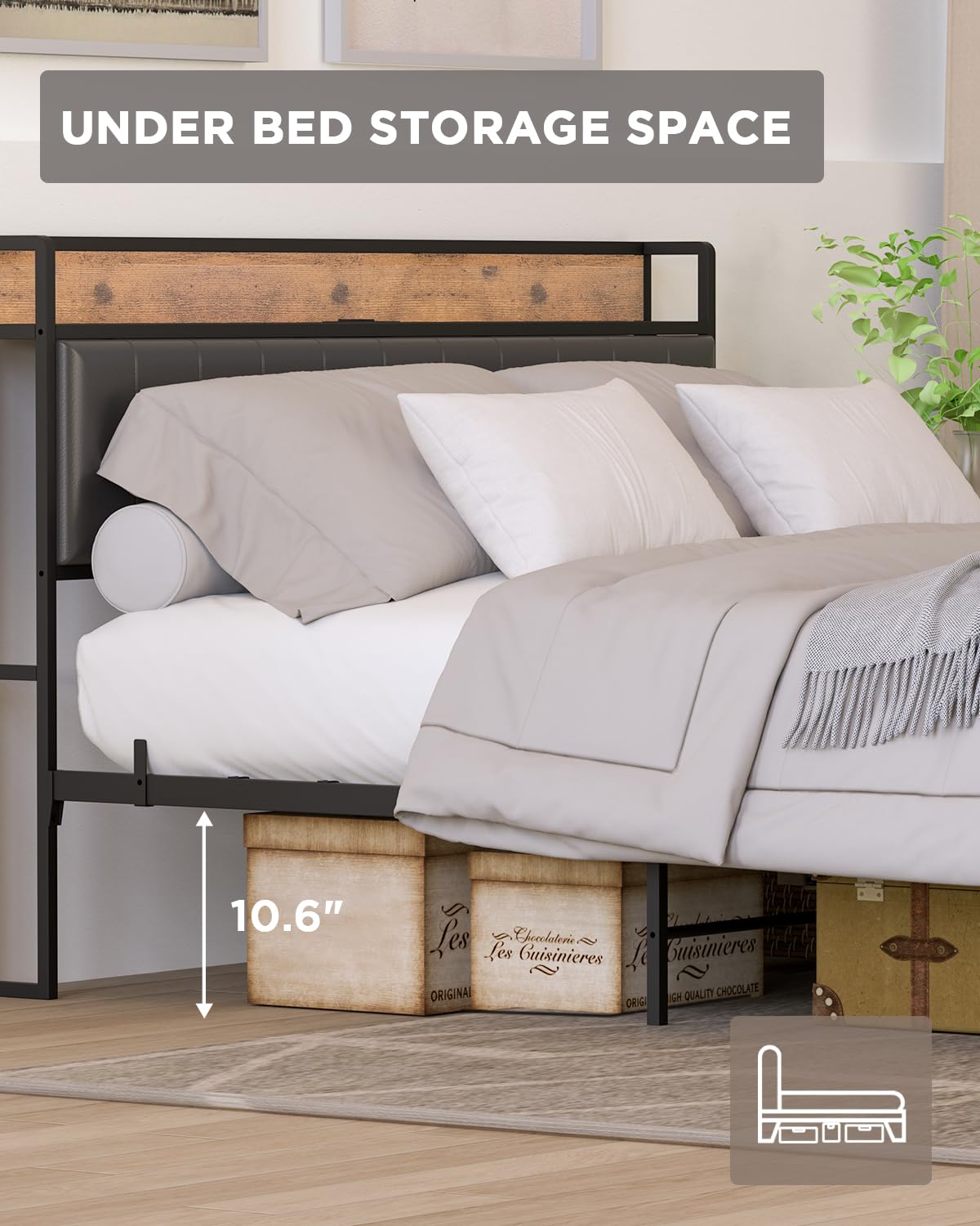 BUCOTOD Bed Frame with Storage Headboard, Built-in Charging Station, Easy Assembly, Noise Free, Non-Slip Design, Sturdy and Stable, No Box Spring Needed, Heavy Duty Metal Support Bed Frame-QUEEN99