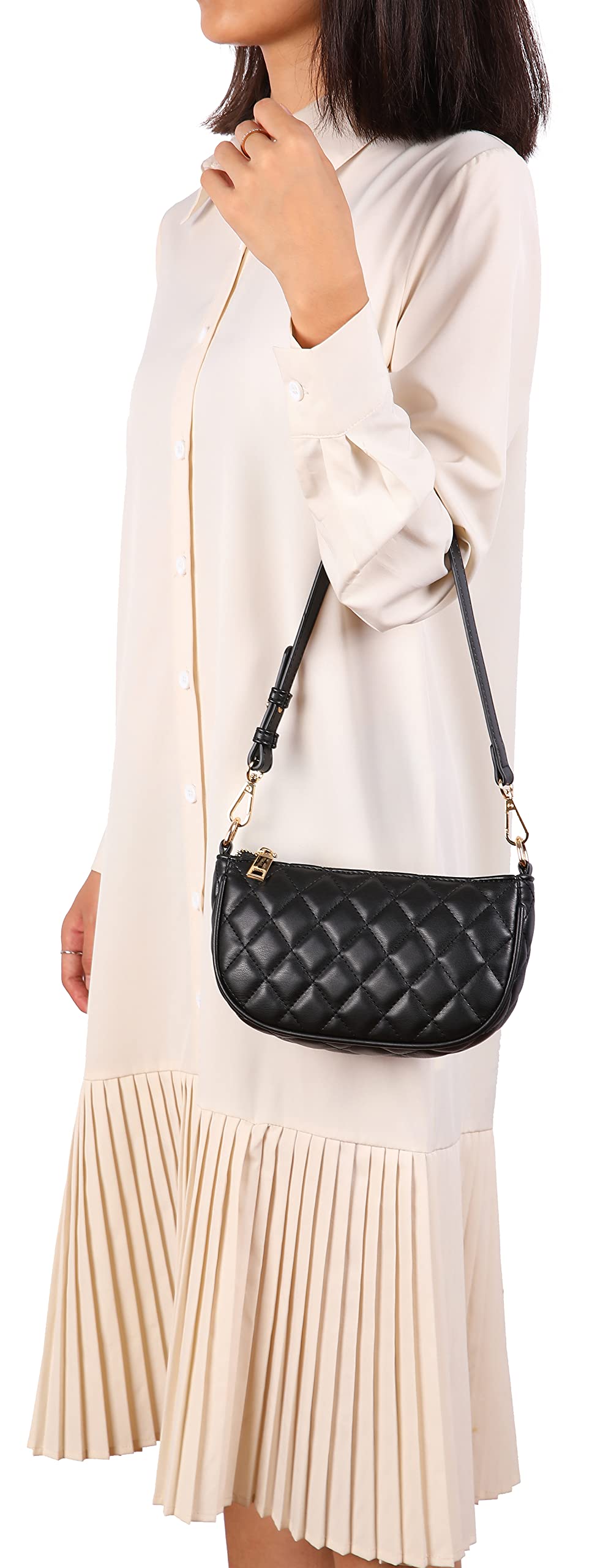 lola mae Classic Clutch Shoulder Purse Underarm small Handbag for Women Simple Chain Strap Crossbody Bag with Zipper Closure (Black- Quilted 720)
