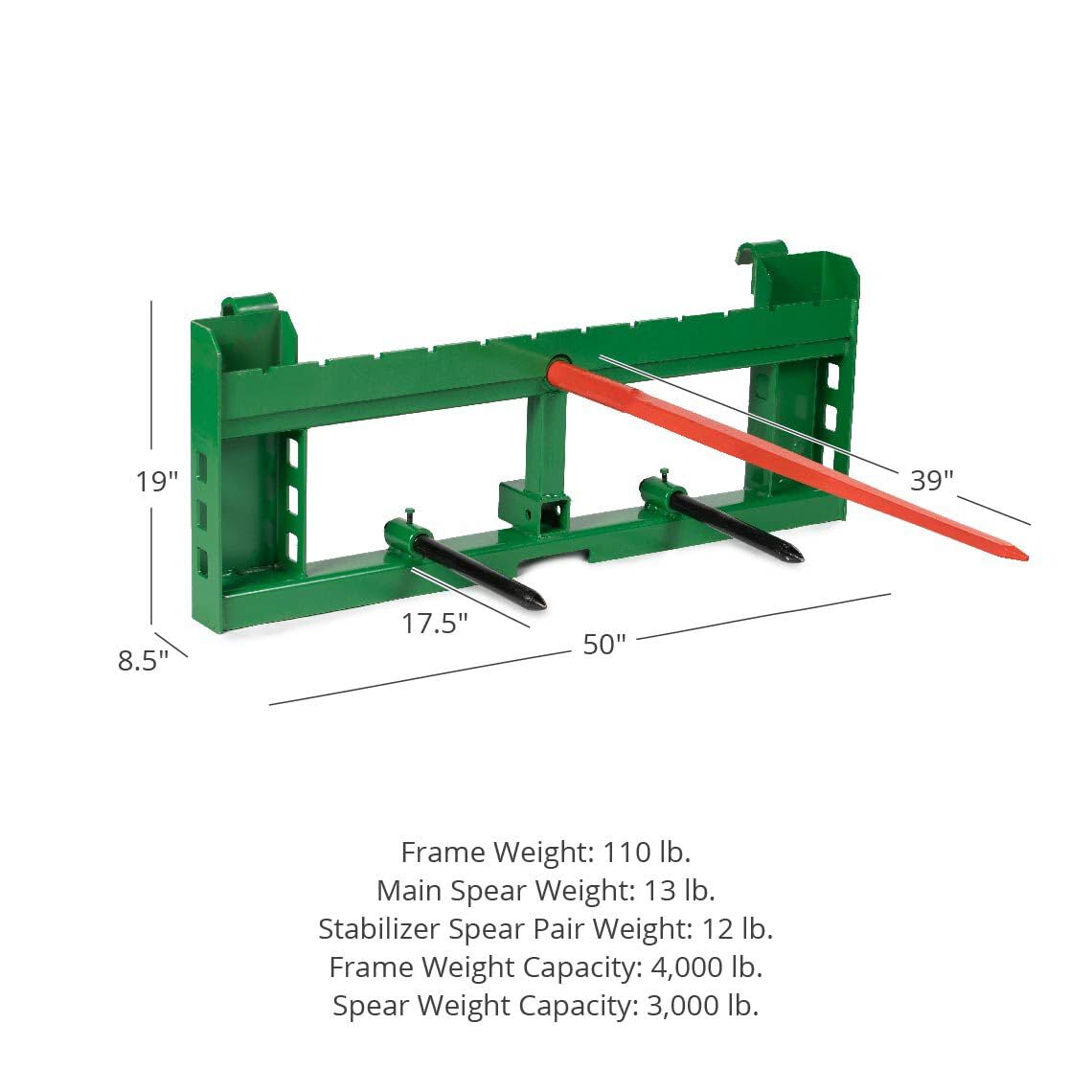 Titan Attachments Hay Frame Attachment, 39†Hay Bale Spear and Stabilizers, Rated 4,000 LB, Receiver Hitch, Fits John Deere Loaders
