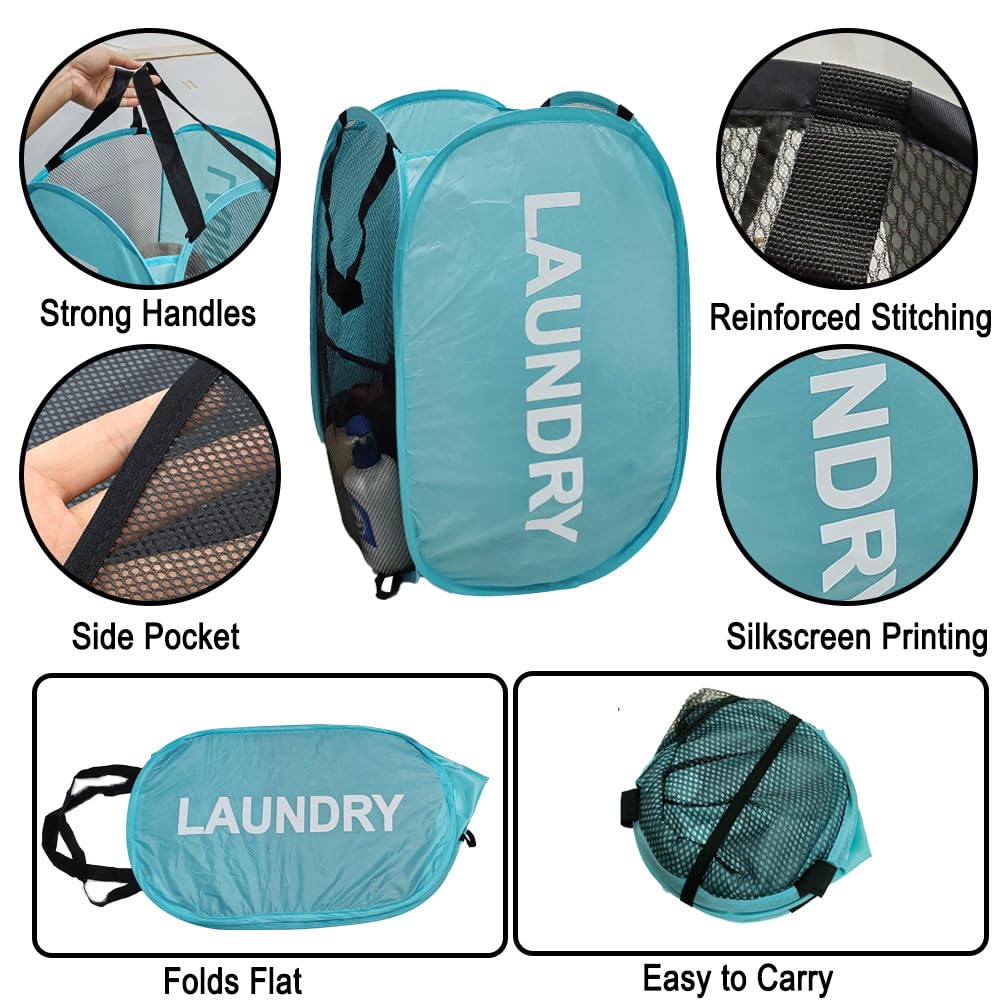 Buenod Mesh Popup Laundry Hampers, Collapsible Laundry Baskets, 2 Pack Clothes Hampers for Home, Bathroom, College Dorm, RV Cruise, Travel (Gray + Blue)