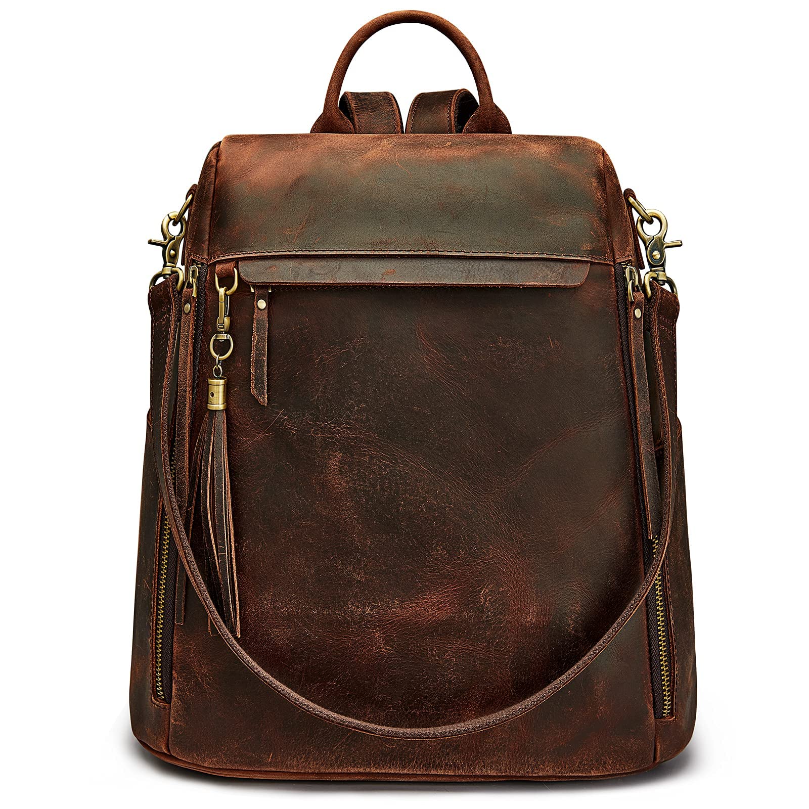 S-ZONE Vintage Genuine Leather Totes for Women Purse Handbag with Anti-thief Backpack Large