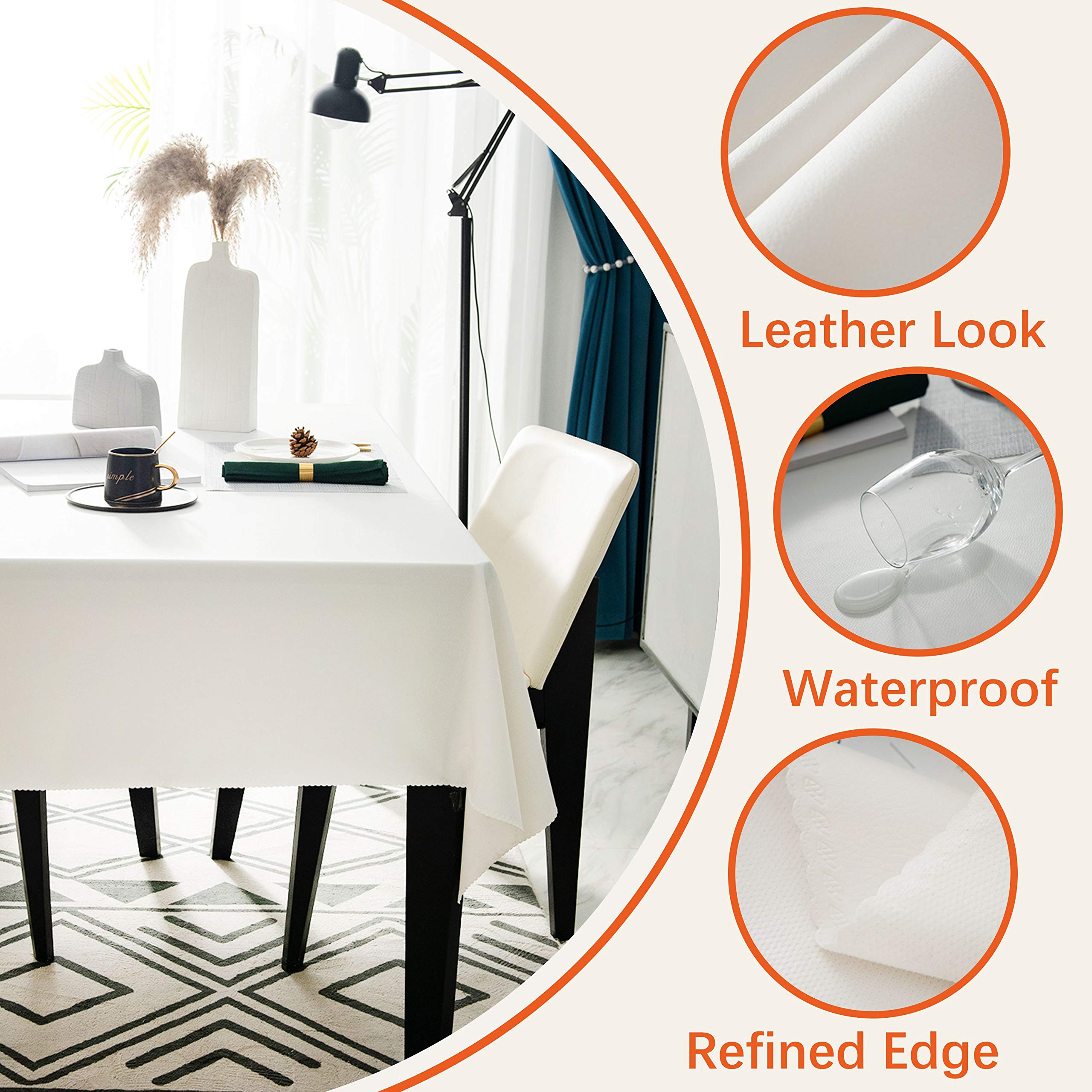 Hosonson 100% Waterproof Vinyl PU Square Heavy Duty Table Cloth with Smooth Surface - Soft Hand-Feeling Decoration Tablecloth - Reusable Wipable Oilproof Table Cover for Kitchen (54x54 Inch, White)