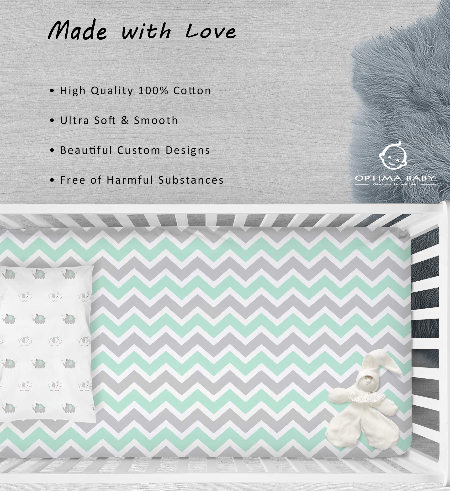 OptimaBaby Elephant Chevron Fitted Crib Sheets, Green, 2 Count