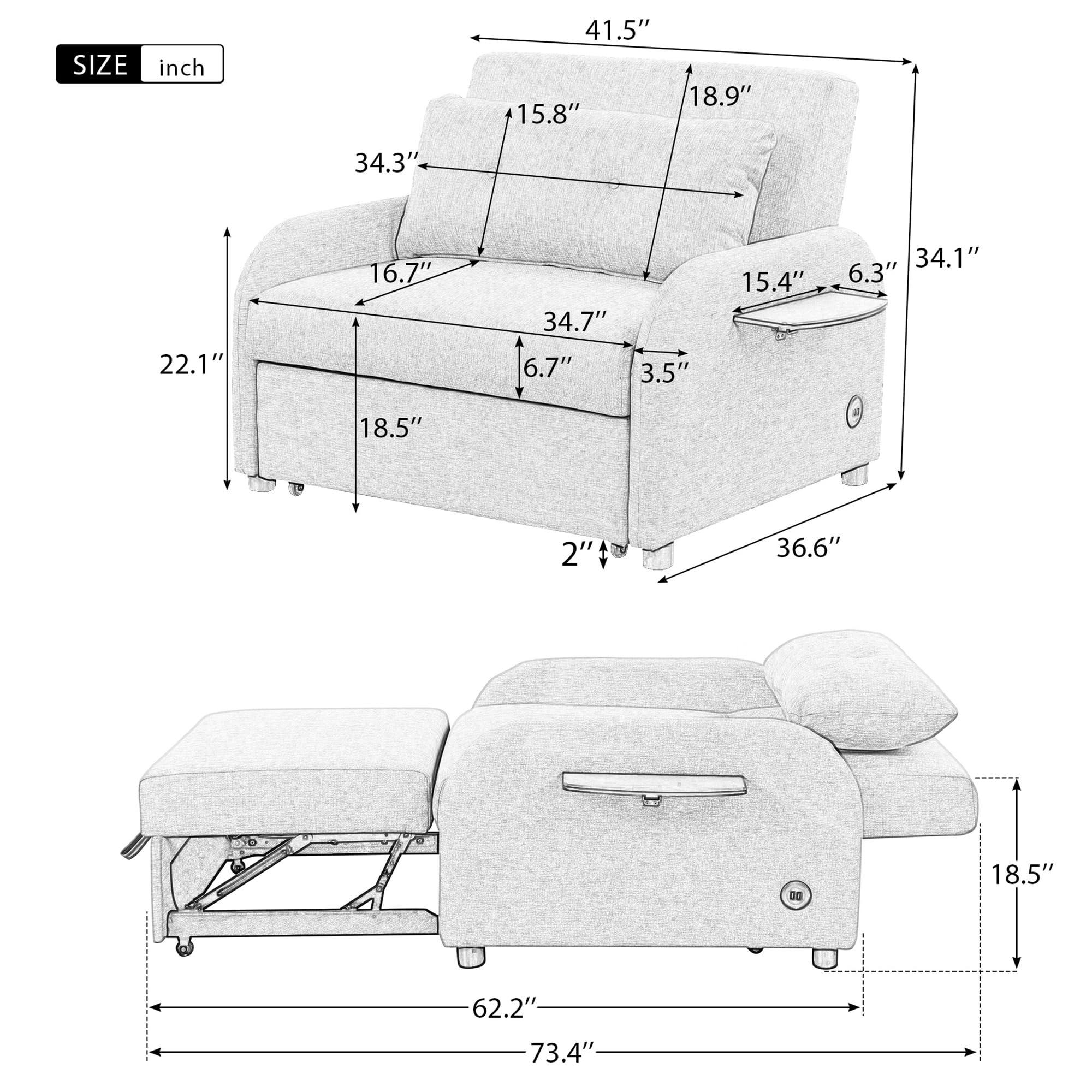 P PURLOVE 3 in 1 Linen Sleeper Sofa Couch Bed, Modern Convertible Sleeper Sofa Bed, Small Sofa Bed with 2 Wing Table Side Pocket and USB Charge for Living Room, Apartment, Beige
