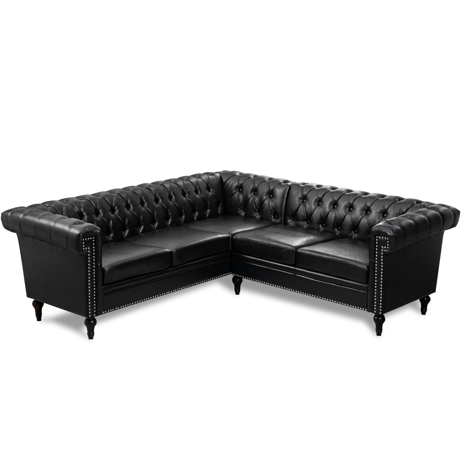 Vaztrlus Chesterfield L-Shaped Faux Leather Sectional Sofa, Modern, Large Corner Couch for Living Room with Modular Button Design. Five-Seater Sofas (Black