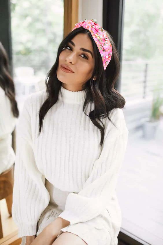 Crystal Knotted Headband Holiday Romantic Vintage Pearl Prints Women Knot Bow Floral Embellished Hair Bands