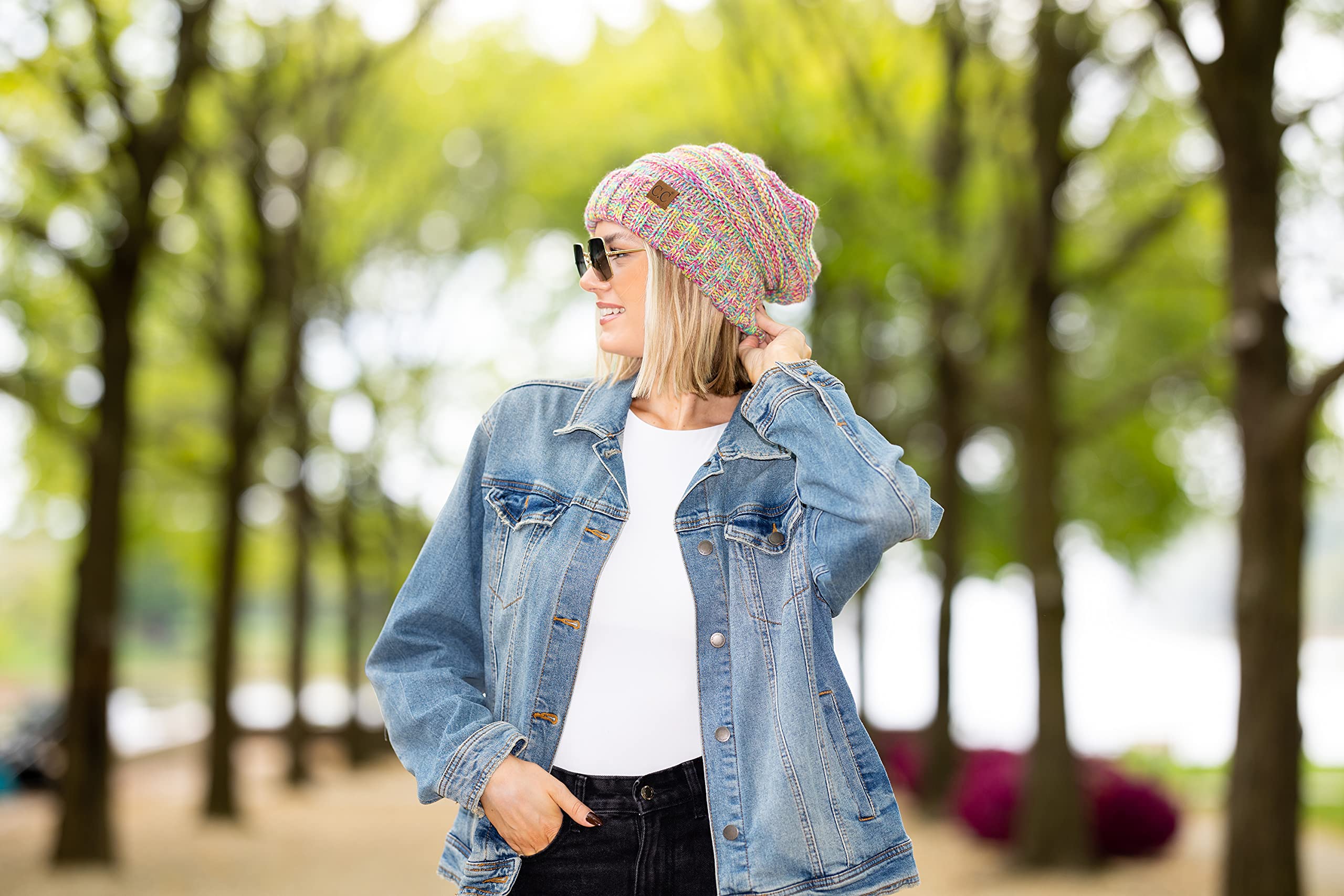 Funky Junque Oversized Slouchy Beanie for Women - Soft Warm Chunky Cable Knit Hat, One Size, Four-Tone Mix (Yellow, Hot Pink, Turquoise, Pink)