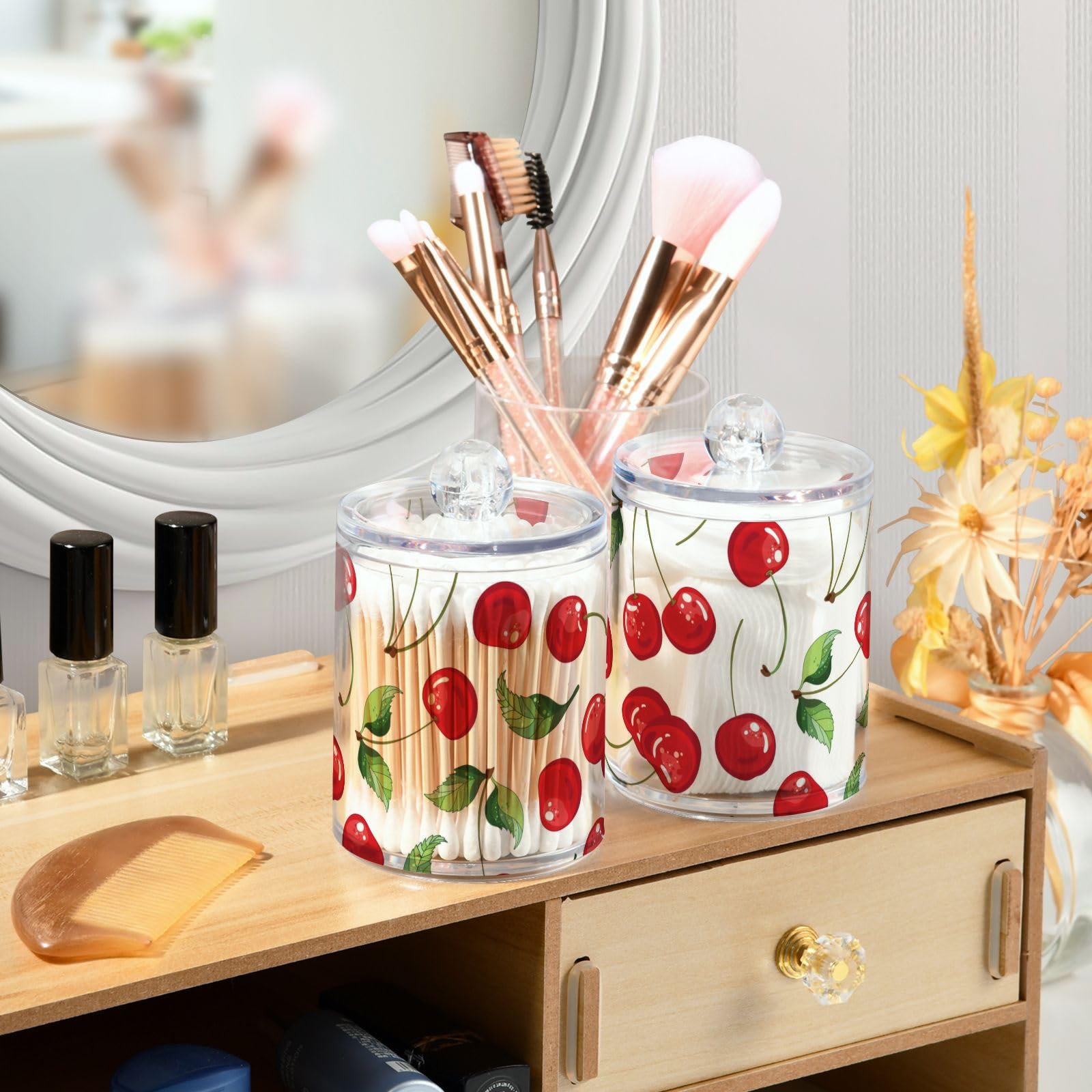 Jucciaco Cherry Fruits Canisters with Lids for Bathroom Vanity, Clear Plastic Jars Set of 2, for Cotton Balls, Cotton Pads, Qtips 4.13 x 2.75 in