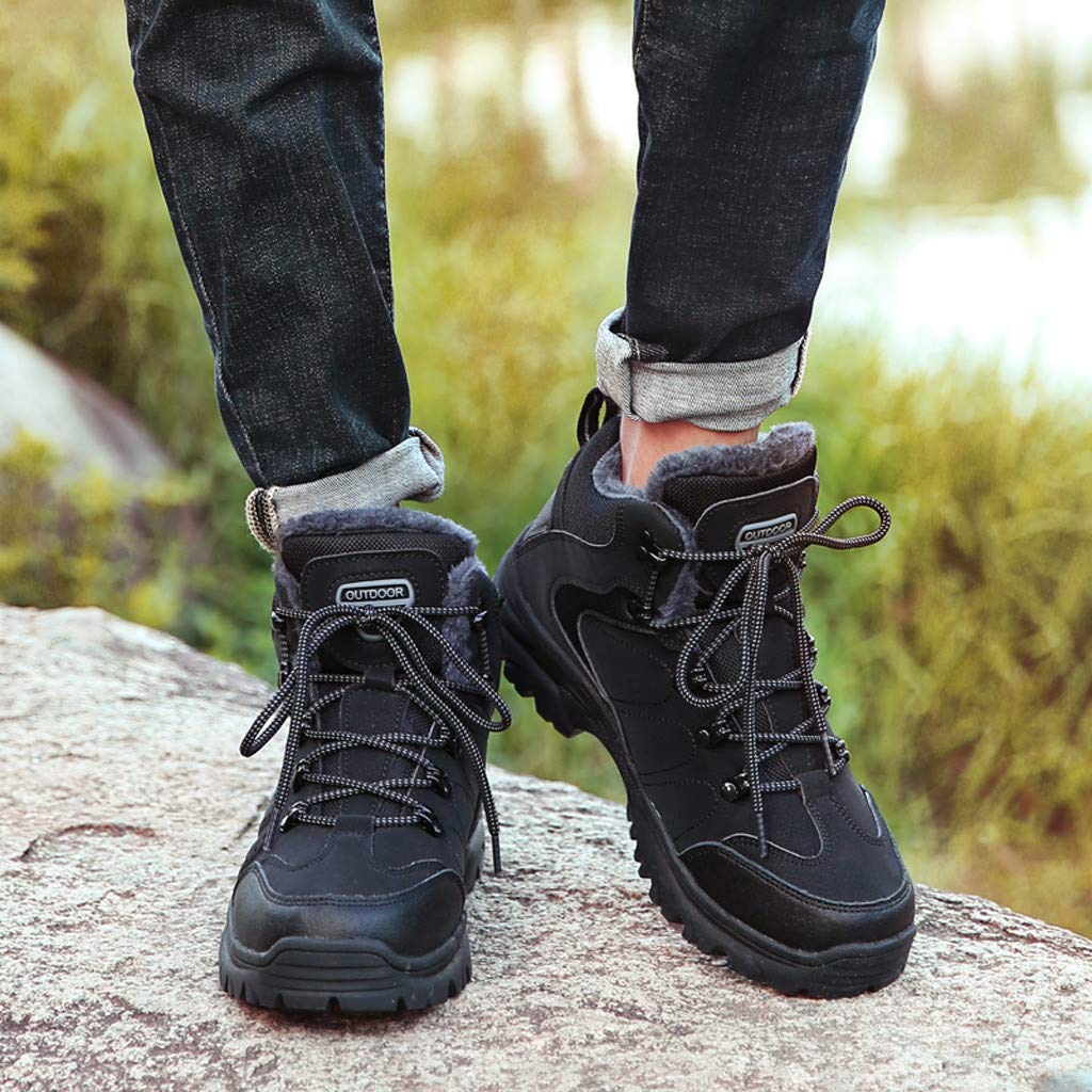 Fheaven Men's Snow Boots Lace Up Combat Booties Water Resistant Anti-Slip Sole Warm Fur Lined Winter Ankle Booties