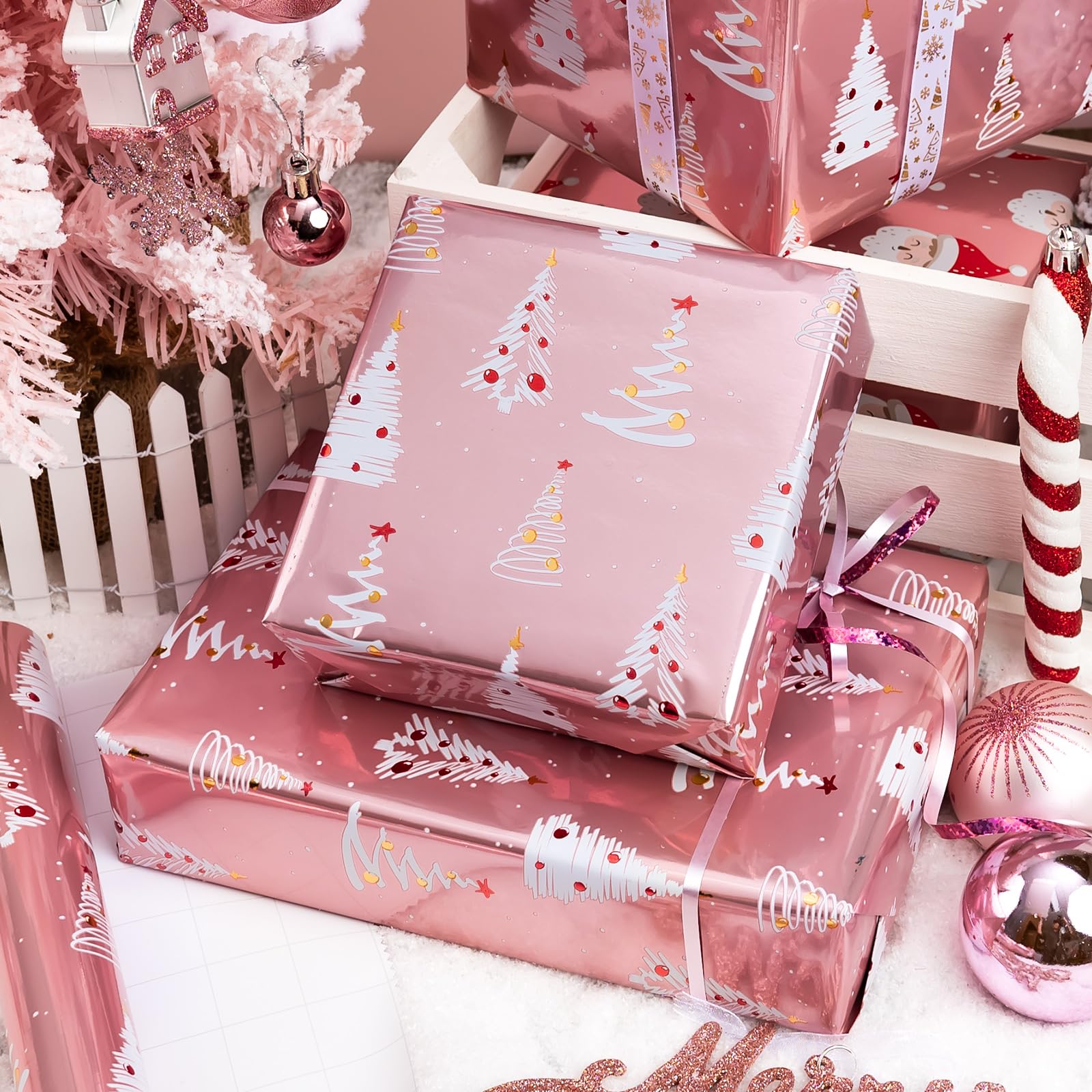 Burymento Christmas Wrapping Paper Roll, Pink Gift Wrap Paper with Grid Lines for Christmas,Metallic Foil Shiny Wrapping Paper - 17 Inches x 32.8 Feet 1 Roll Christmas Trees