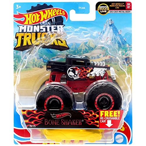 DieCast Hot Wheels Monster Trucks Bone Shaker (Black/Red), 19/75 with re-Crushable car (1:64 Scale)