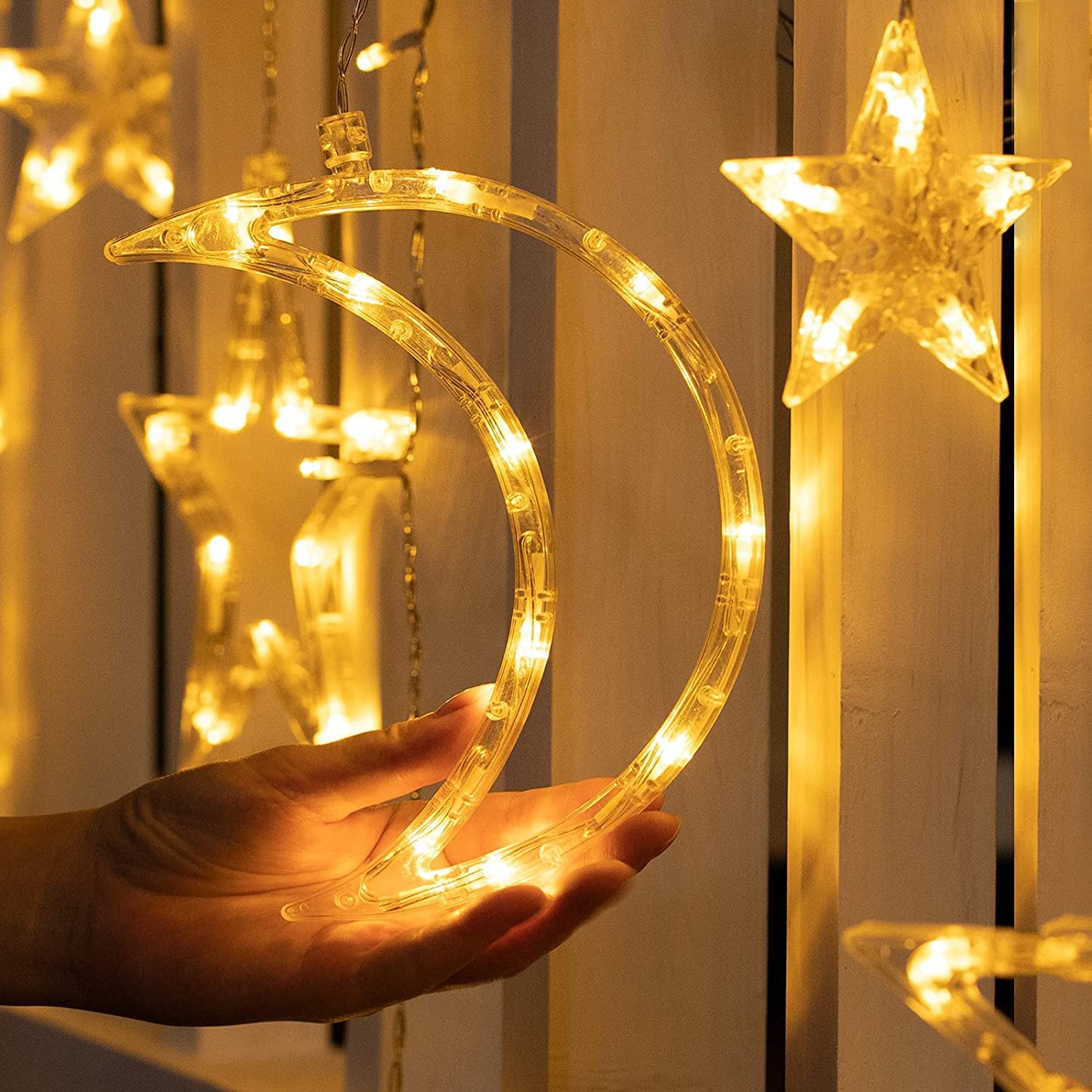 CSX Solar String Lights 138LED Moon Star Twinkle Lights with Remote 8 Lighting Modes Curtain Lights Window Lights Hanging Fairy Lights Outdoor Waterproof for Yard Garden Patio Ramadan Christmas Decor