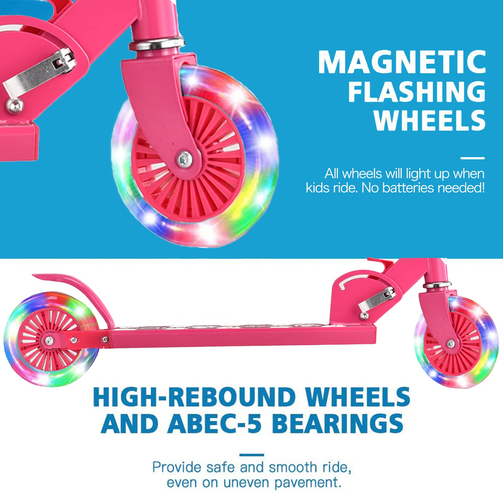 Scooter for Kids with LED Light Up Wheels, Adjustable Height Kick Scooters for Boys and Girls Ages 3-12, Rear Fender Break, Folding Kids Scooter, 110lb Weight Capacity