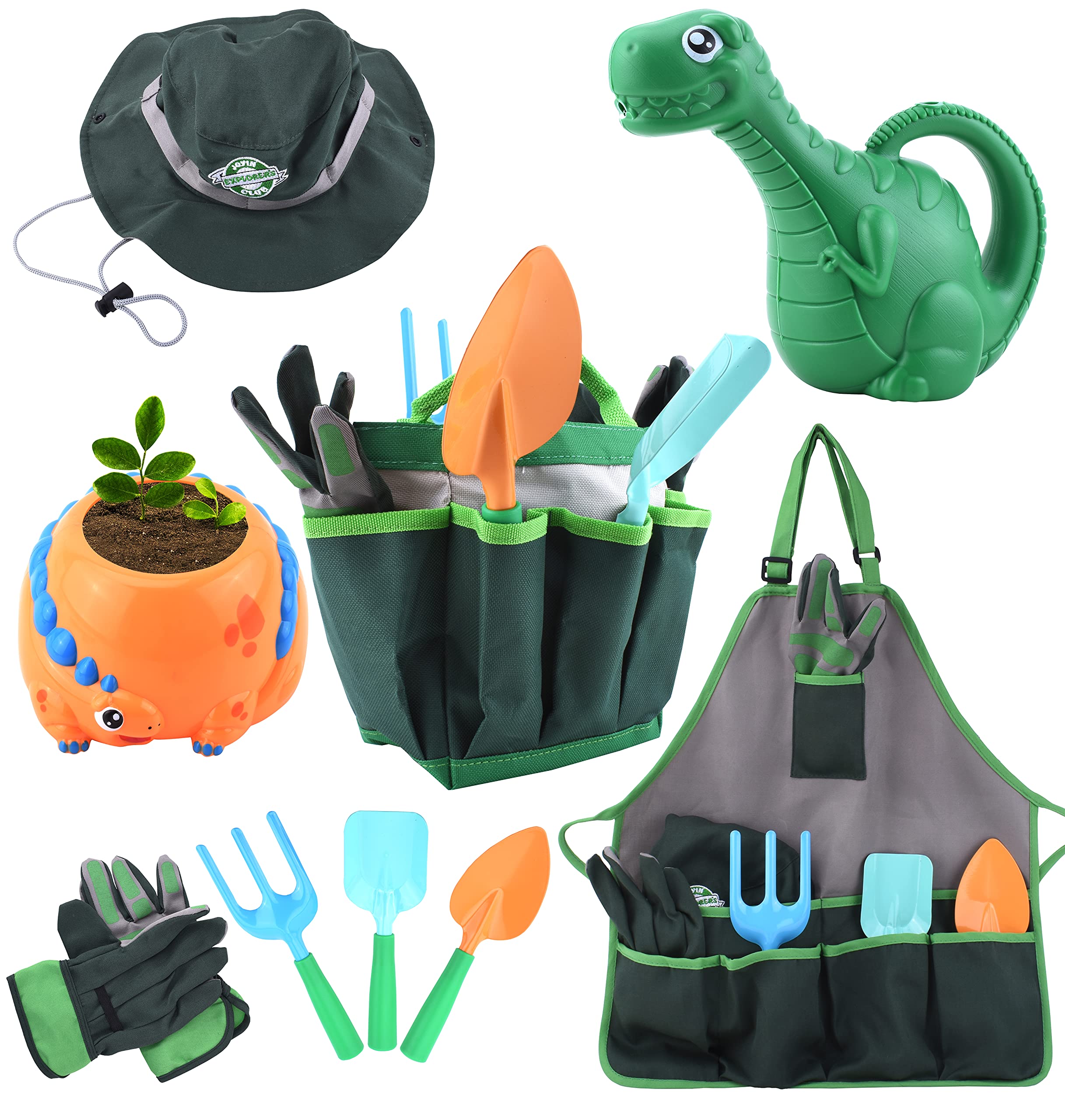 JOYIN Kids Gardening Tool Set Toy Includes Watering Can and Planter, Sun Hat, Gloves, Apron and Kids Gardening Kit Like Shovel, Rake and Trowel, Outdoor Play Gardening Gifts (Dinosaur)