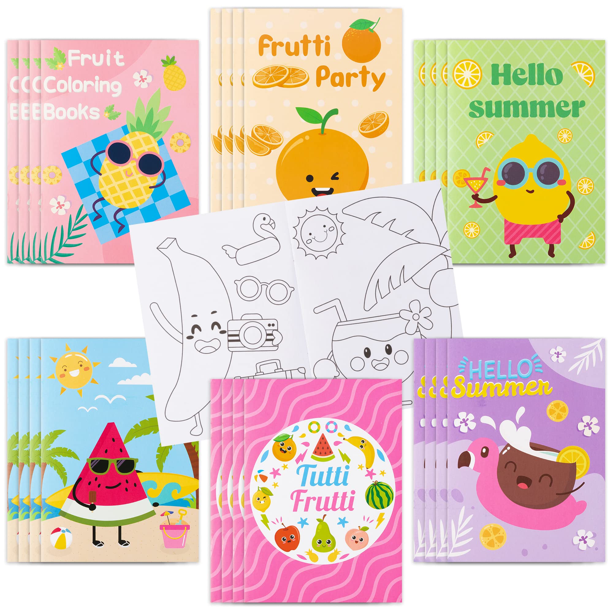 MALLMALL6 24Pcs Fruit Coloring Books with Watermelon Pineapple Lemon Banana Orange Coconut Tropical Frutti Art Patterns Summer Themed School Party Supplies Home Game Activity for Kids Girl Boy Age 4-8