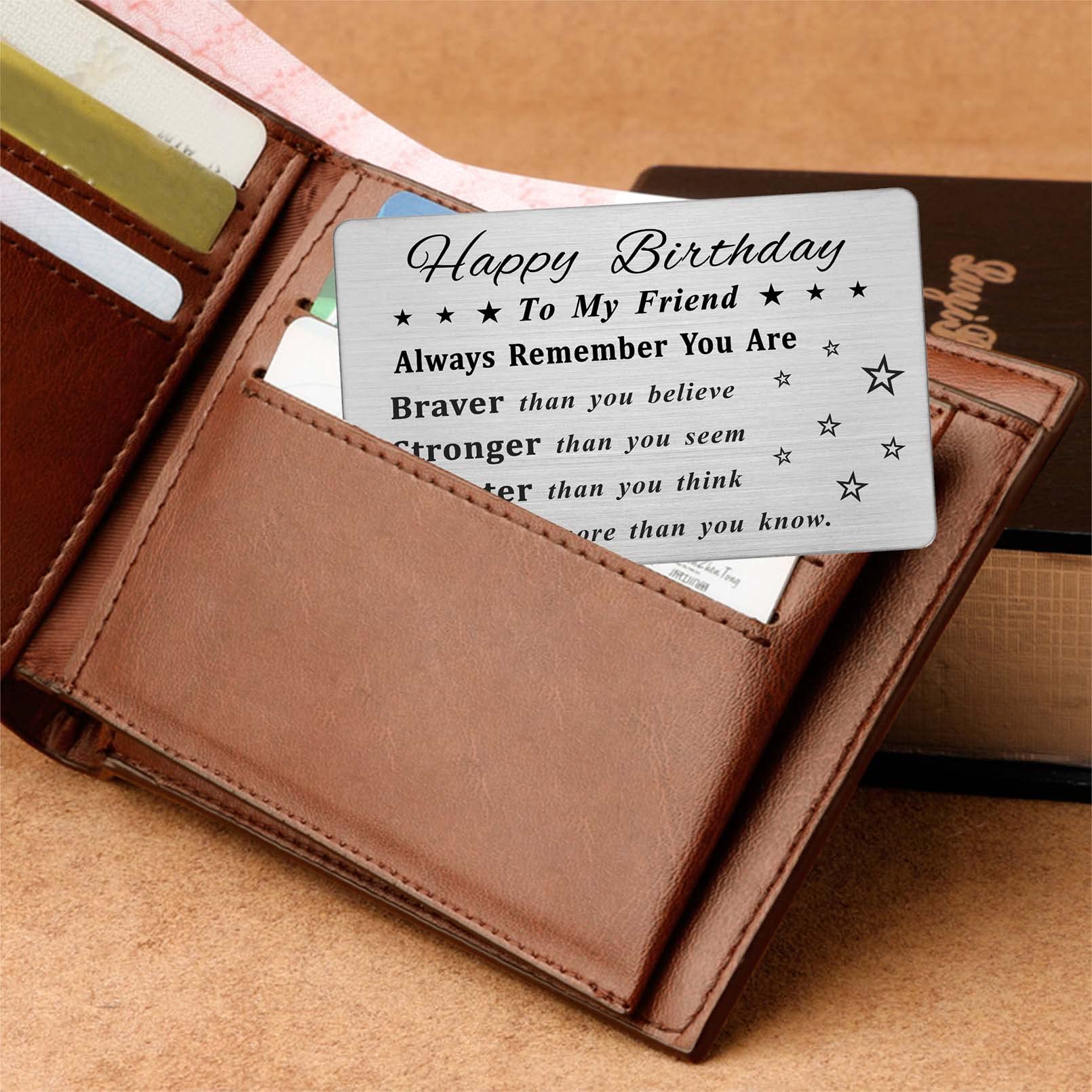 DEGASKEN Friend Birthday Cards - Happy Birthday Friend Gifts - Personalized Steel Engraved Wallet Card
