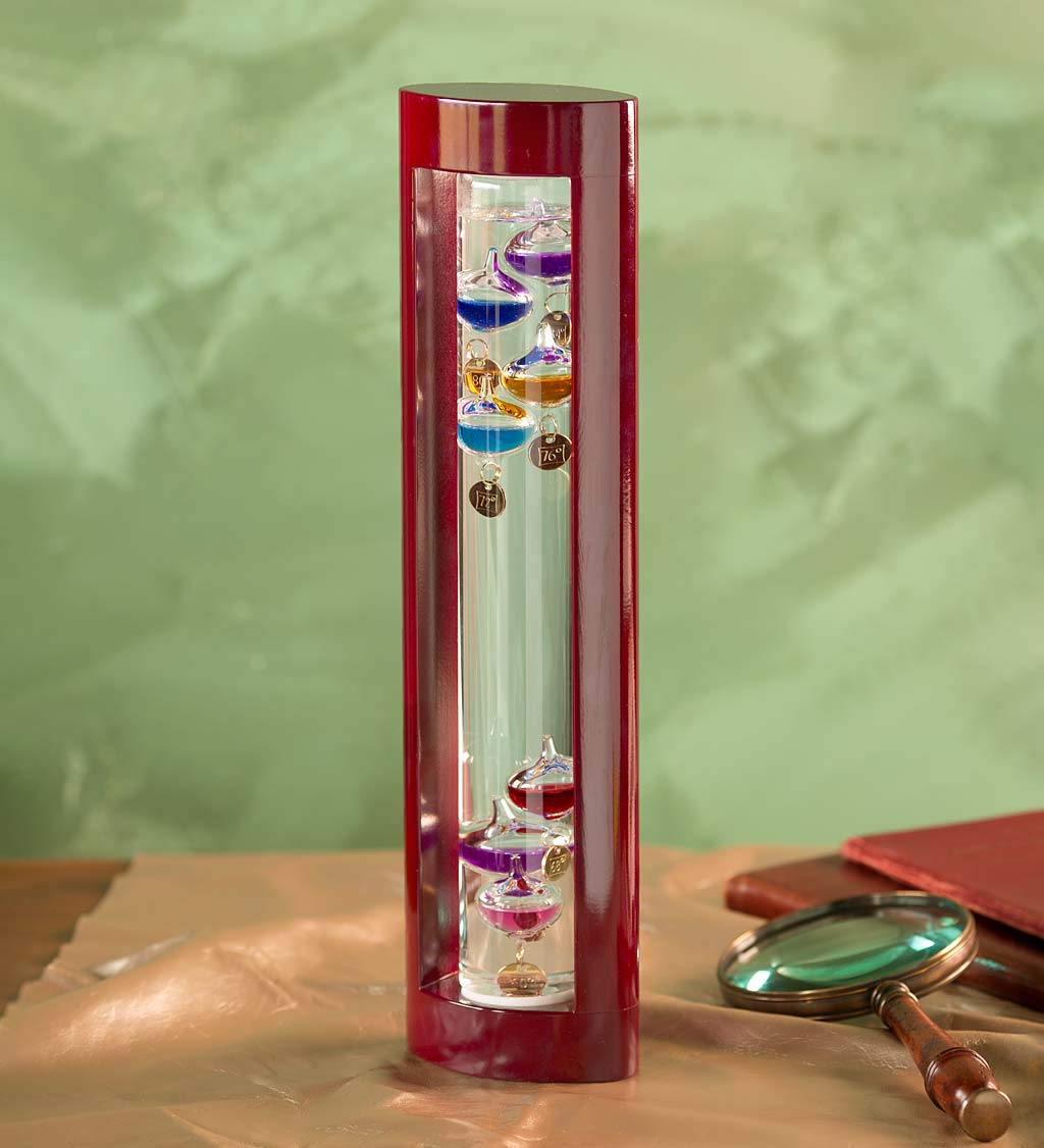 Galileo Glass Thermometer | 14.5-Inches Tall with Cherry Wood Frame | Law of Physics | Indoor Room Temperature for Home House Office Desk Counter Tabletop | Holiday Gift Present