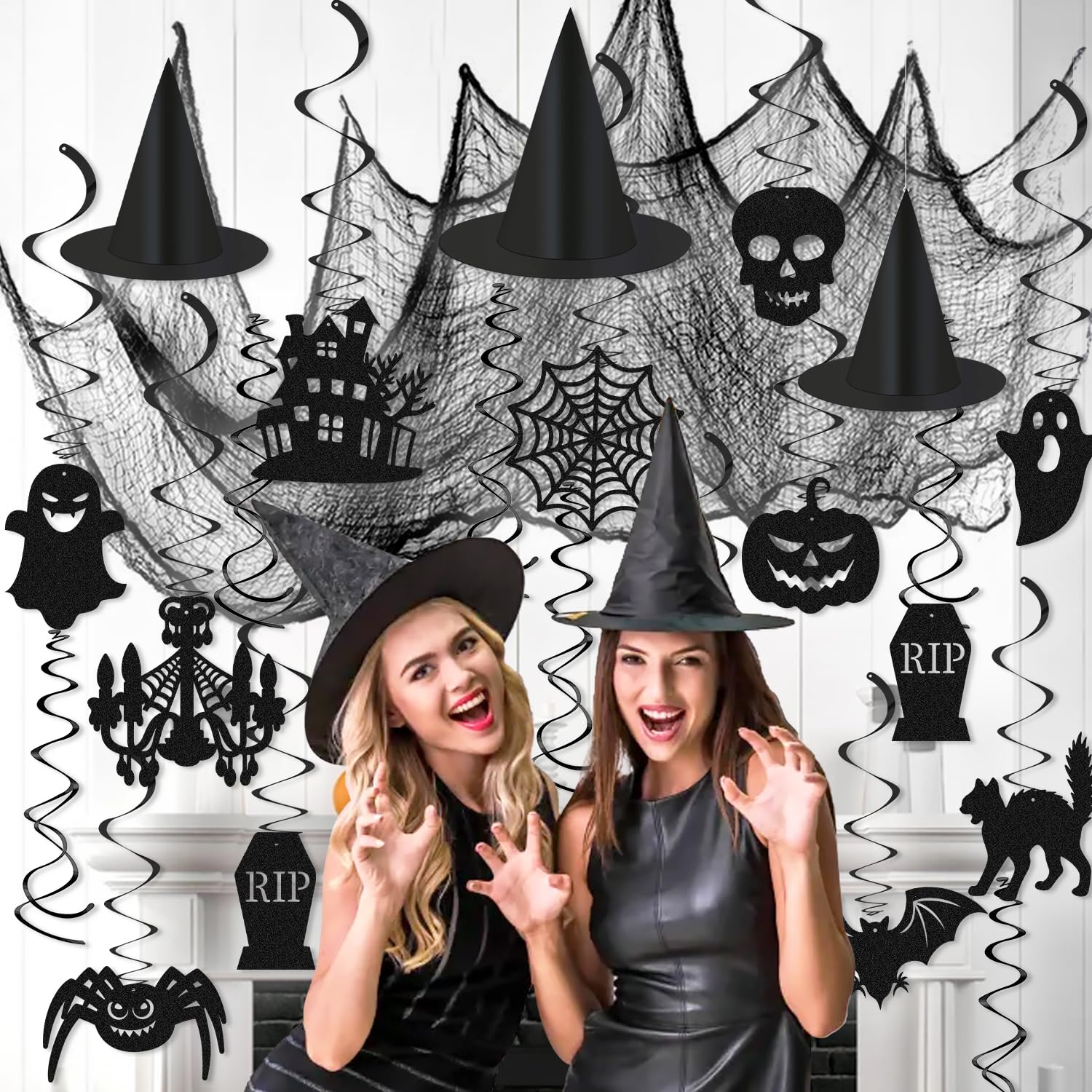 Levvcirki 35 PCS Halloween Party Decorations Hanging Swirl with Horror Pattern Witches Hat Black Creepy Cloth for Halloween Scary Theme Party Supplies