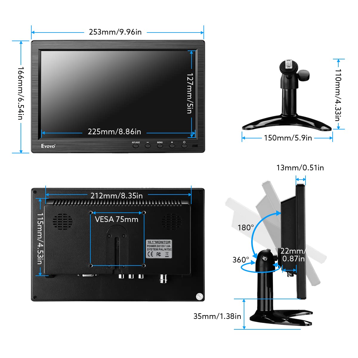 Eyoyo 10 Inch Monitor 1024x600 Small Display HD TFT LCD Display Screen Support AV VGA BNC HDMI Video Input for CCTV DVD PC DVR with Speakers and Remote Control