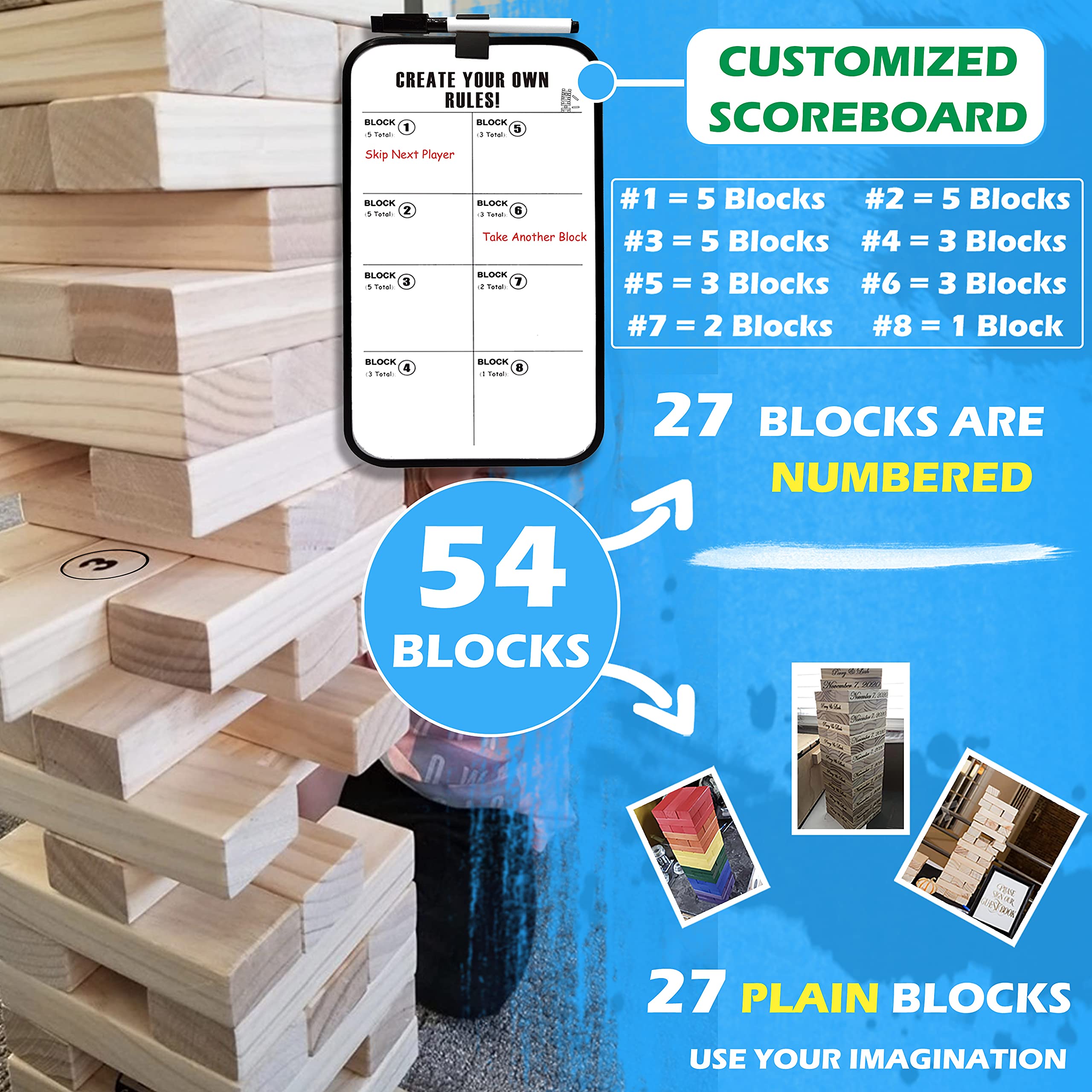 JST GAMEZ Outdoor Games Giant Tower Game Stacking Backyard Game Start from 2Ft to Over 4.2Ft Includes Customized Scoreboard and Carrying Case