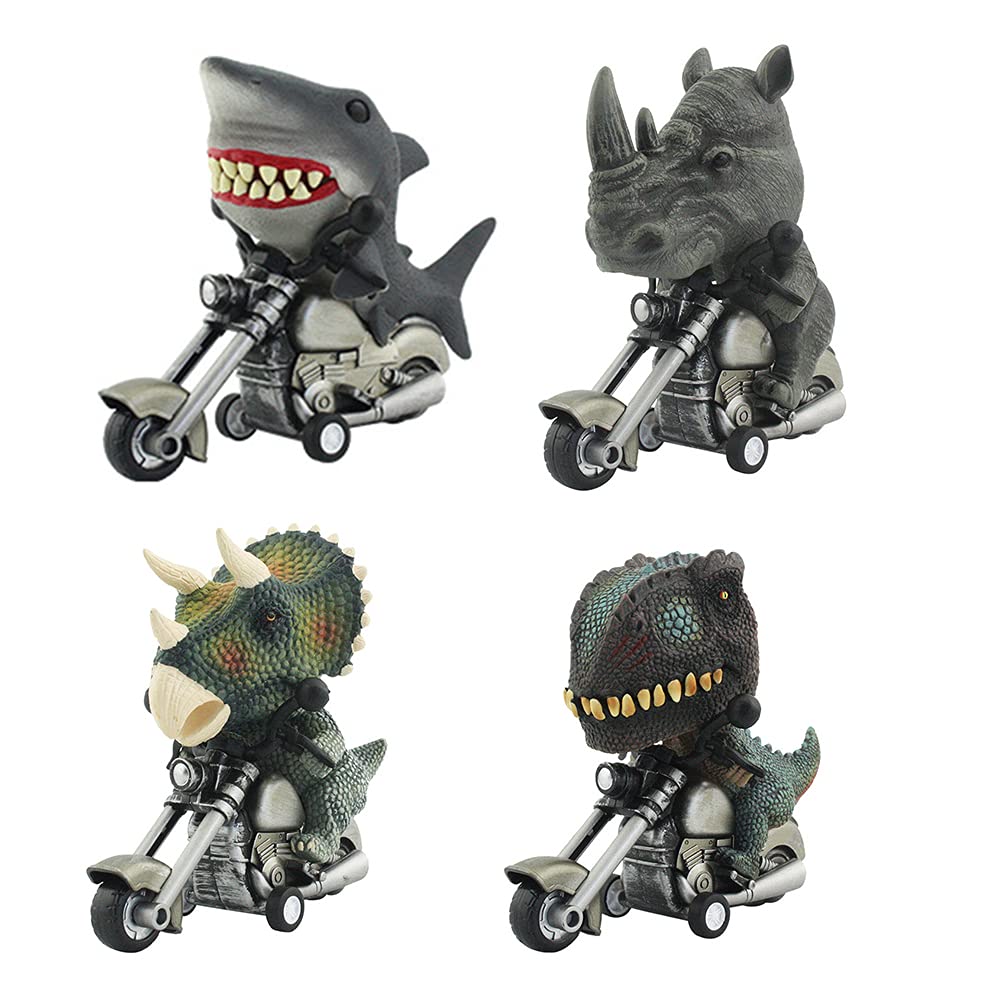 Dino Toys 4PCS Friction Powered Inertia Animal Motorcycle Toy Vehicle Gifts for Kids Boys Age 3,4,5,6,7,8Shark Toy Car ,Special Rhino Toy ,Dinosaur Motorcycle Game T-Rex and Triceratops Monster.