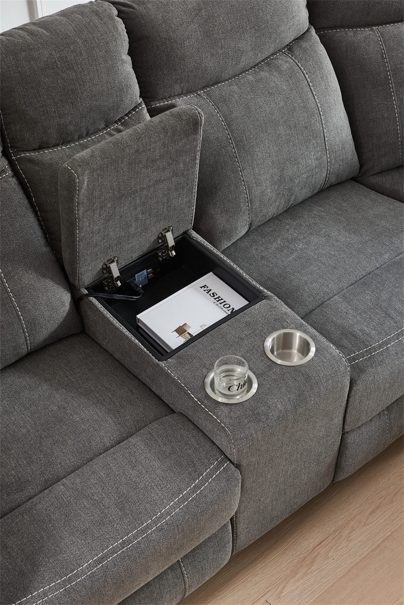 Elountik Modern Fabric Upholstered Power Reclining Sectional Couch with 2 Power Recliners, 2 Storage Consoles, 4 Cup Holders, USB Charging Ports, Gray Frabic