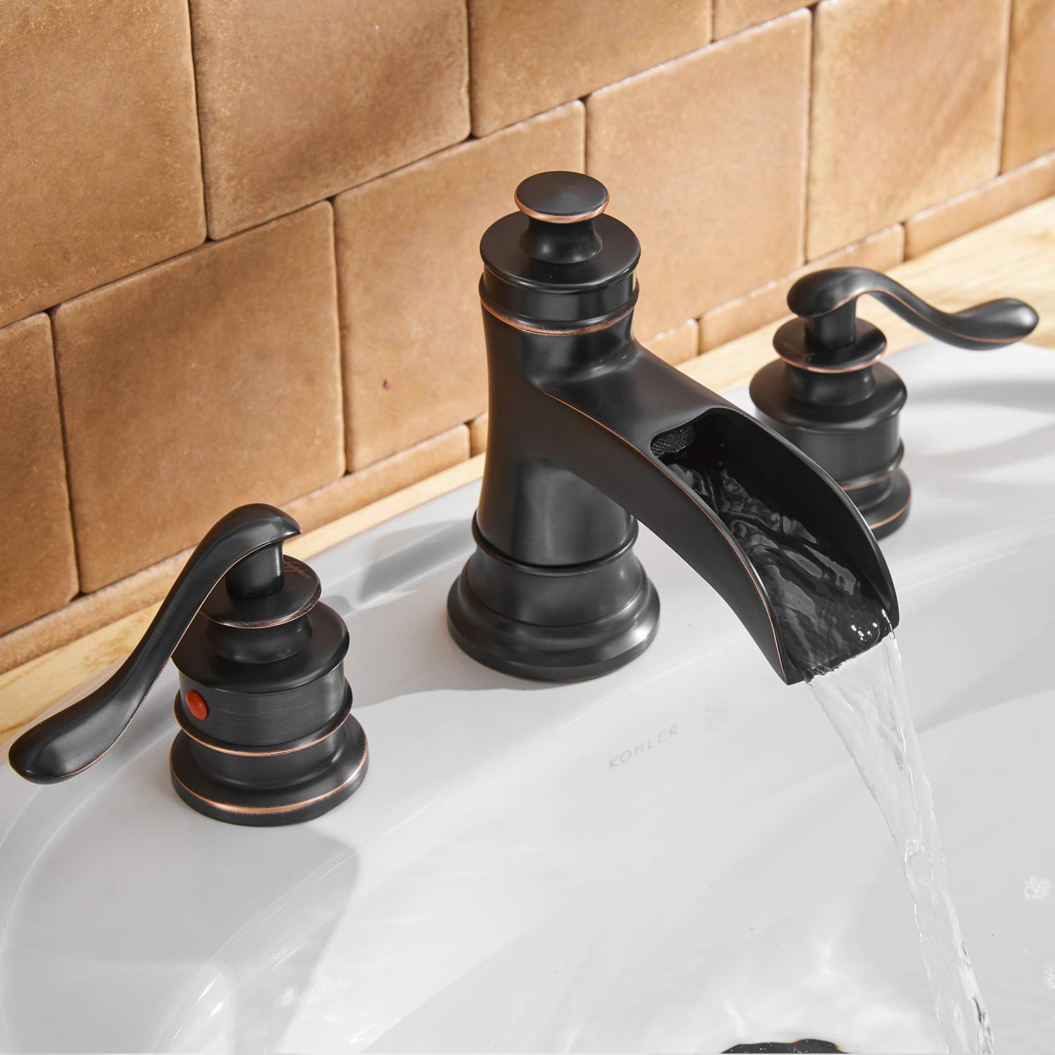 BWE 3 Hole Widespread Bathroom Faucet 8β Oil Rubbed Bronze Farmhouse Waterfall Pop Up Drain Stopper Assembly with Overflow and Supply Line Lead-Free Two Handle Bath Lavatory Sink ORB Mixer Tap