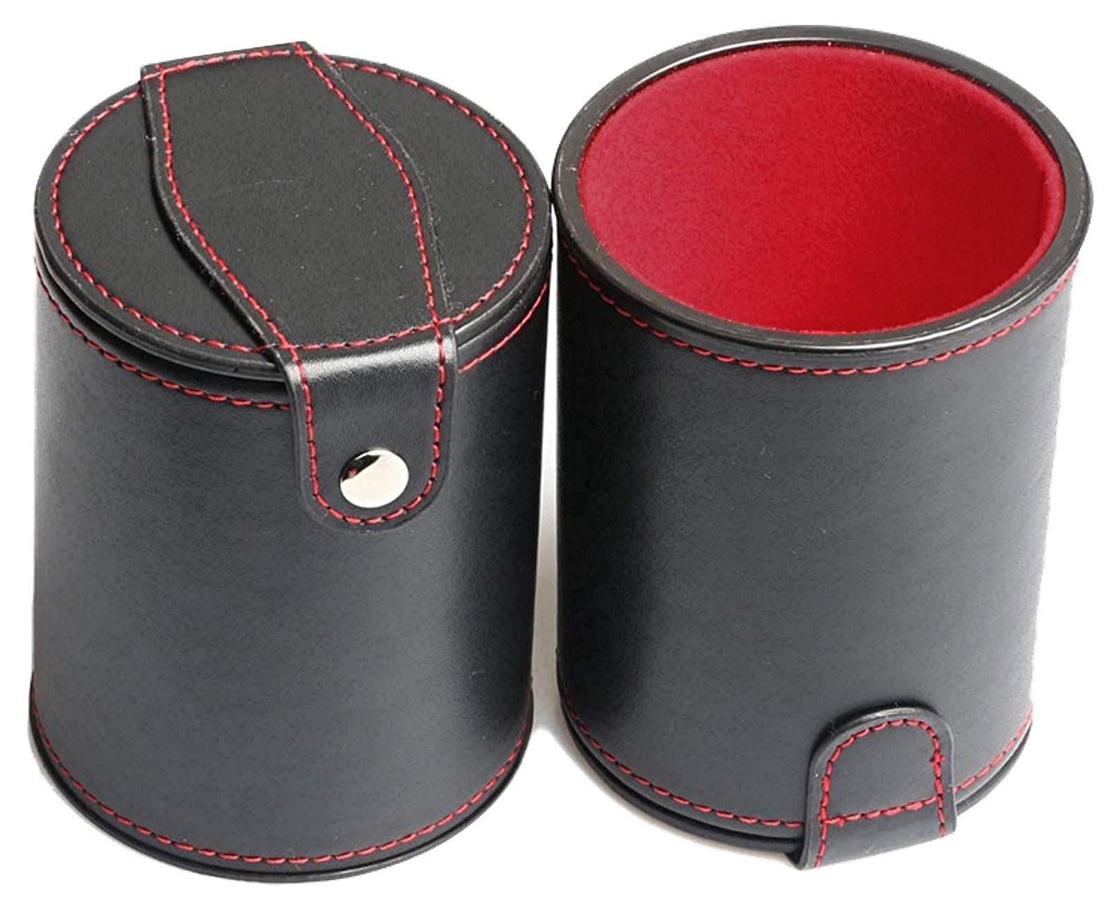 Cyber-Deals Black PU Leather Red Felt Lined Dice Cup with Storage Compartment + 15mm Ivory Tone Pip Dice (3 Sets)