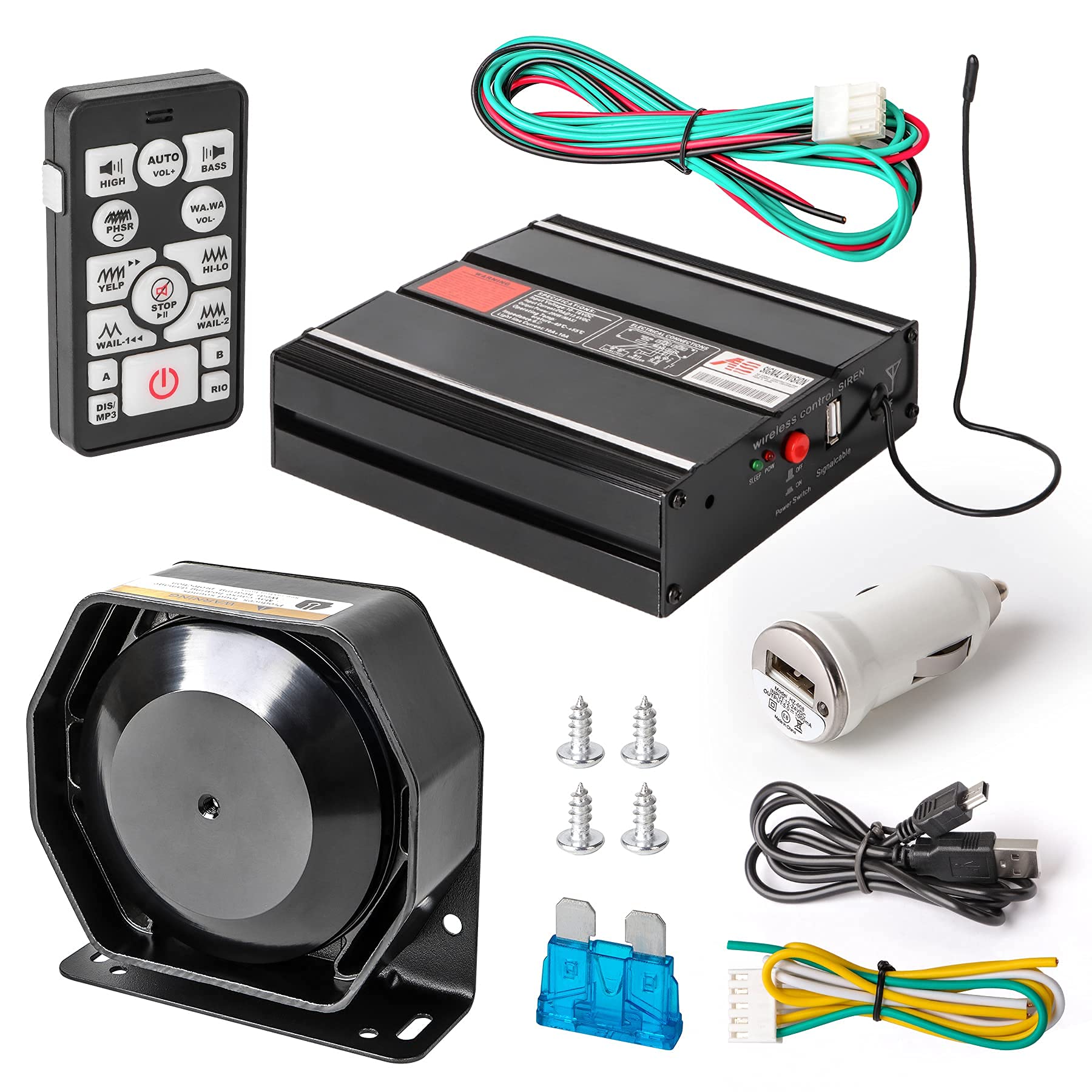 SMALLFATW Police Siren 20 Tones 130 DB 200 Watt, Dual 20A Auxiliary Switch, Wireless Remote USB Rechargeable 15M Control Range, Car PA System Speaker Horn, Emergency Siren for Car Truck Vehicles