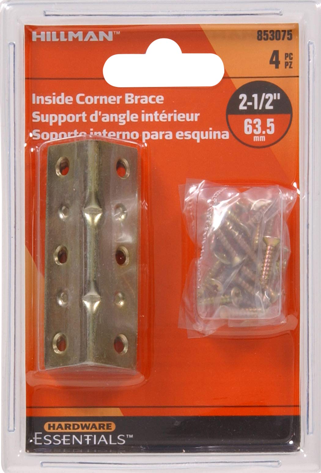Hillman Hardware Essentials 853075 Zinc and Yellow Dichromate Inside Corner Brace 2-1/2" x 3/4" 4-Pack