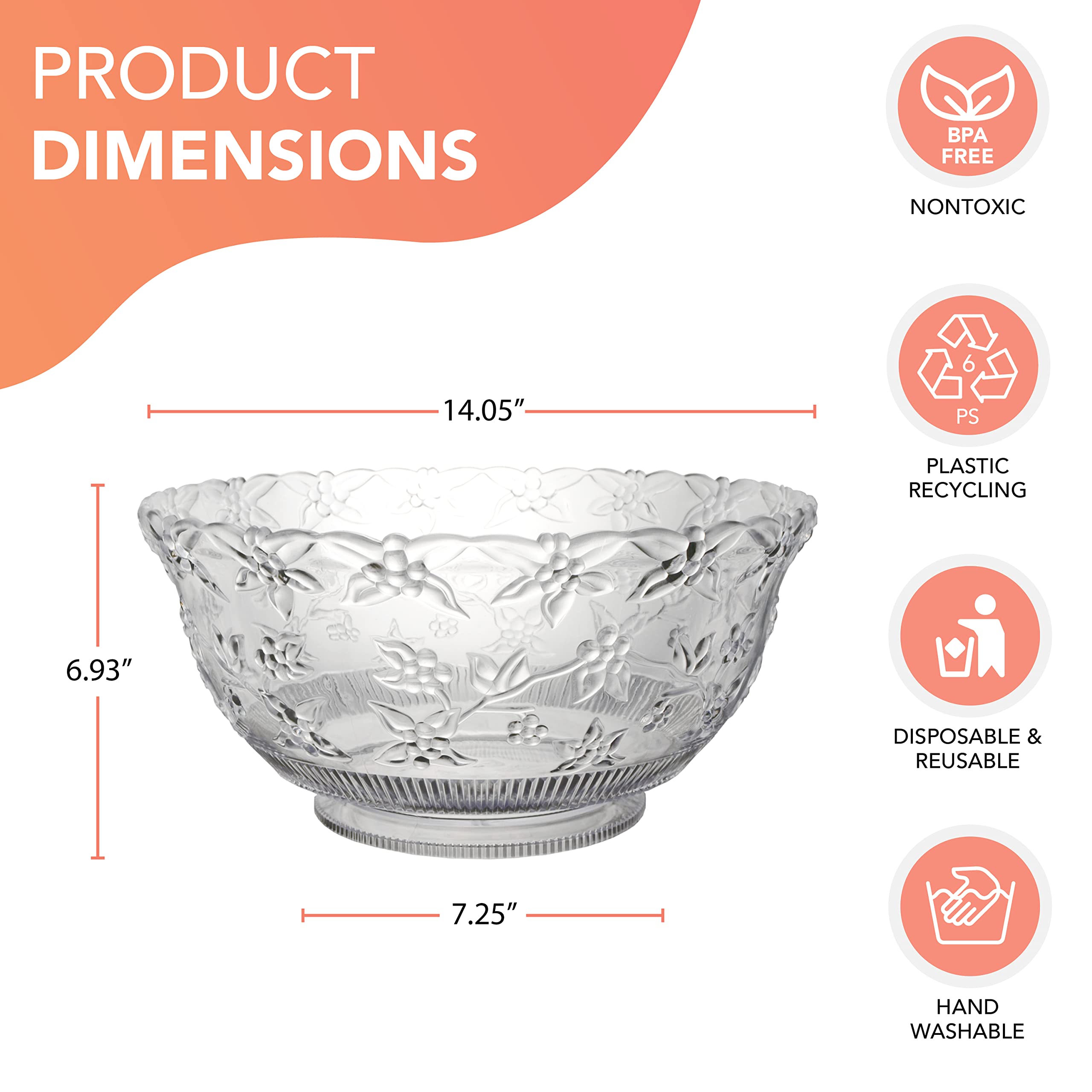 Party Essentials Plastic Punch Set with Ladle and Drinkware, Party Serveware for Cocktails, Fruit Punch, Tea, and Juices, Clear, 12 Qt Bowl + 20 Coffee Cups (8 oz.)