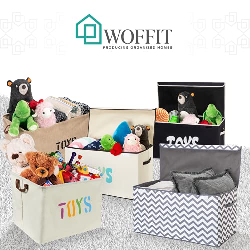 Woffit Toy Organizer Baskets - Set of 2 Collapsible Kids Toy Boxes w/Leather Handles - Living Room, Nursery and Playroom Storage & Organization, Beige
